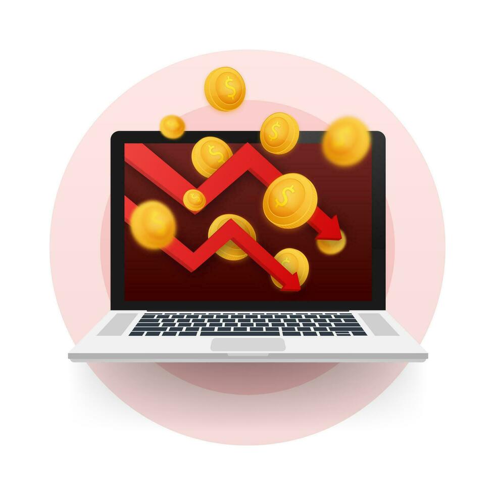 dinero pérdida. efectivo con abajo flecha cepo grafico, concepto de financiero crisis, mercado ...