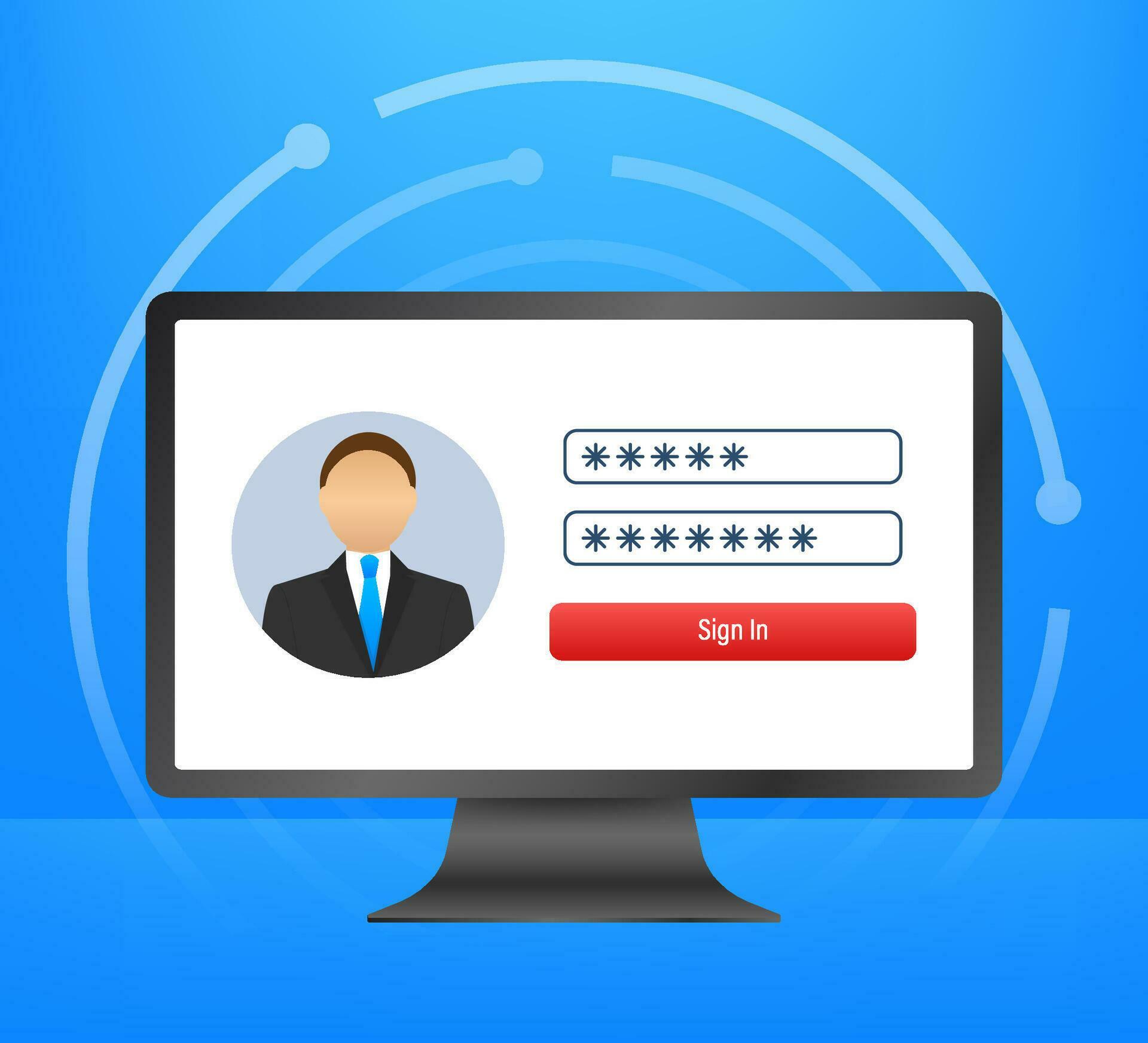 Login page on laptop screen. Notebook and online login form, sign in ...
