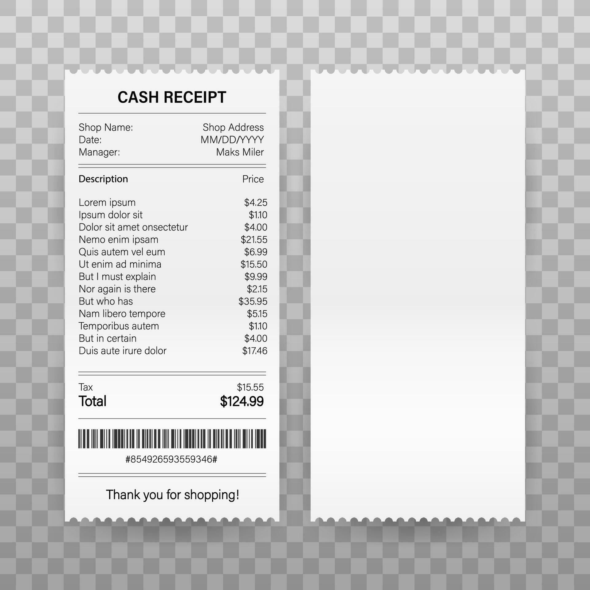 Receipts vector illustration of realistic payment paper bills for cash or credit card ...