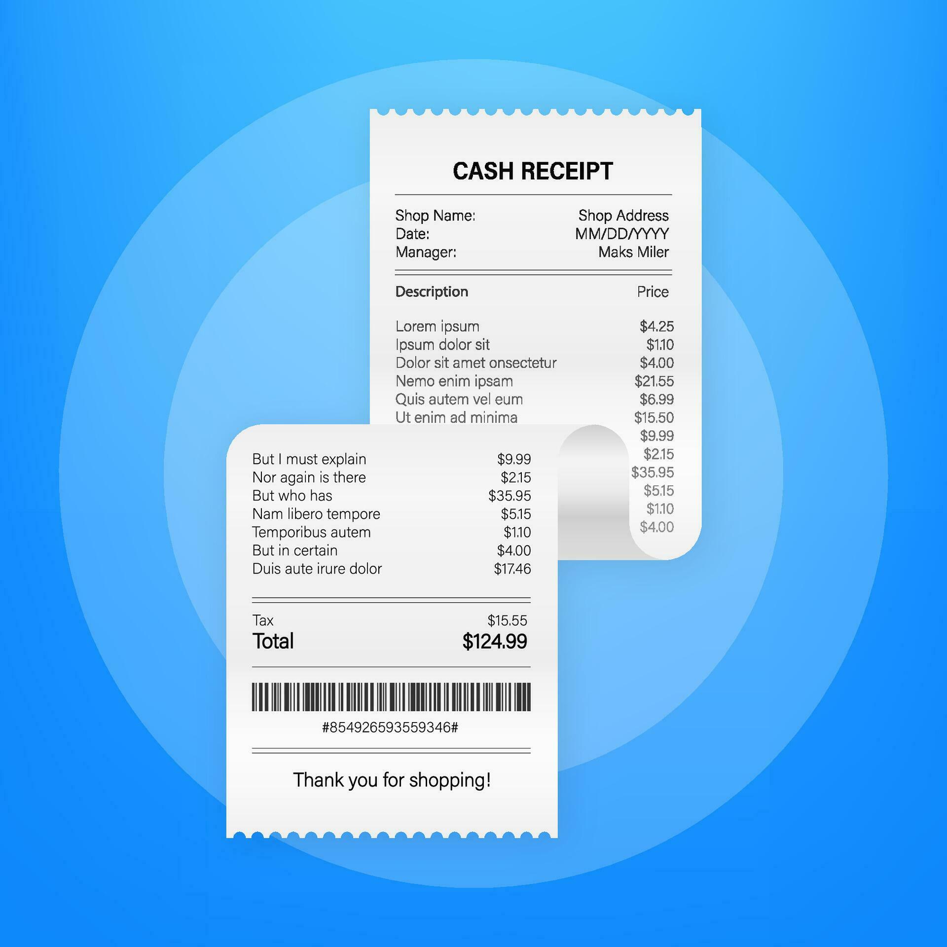 Receipts vector illustration of realistic payment paper bills for cash or credit card ...