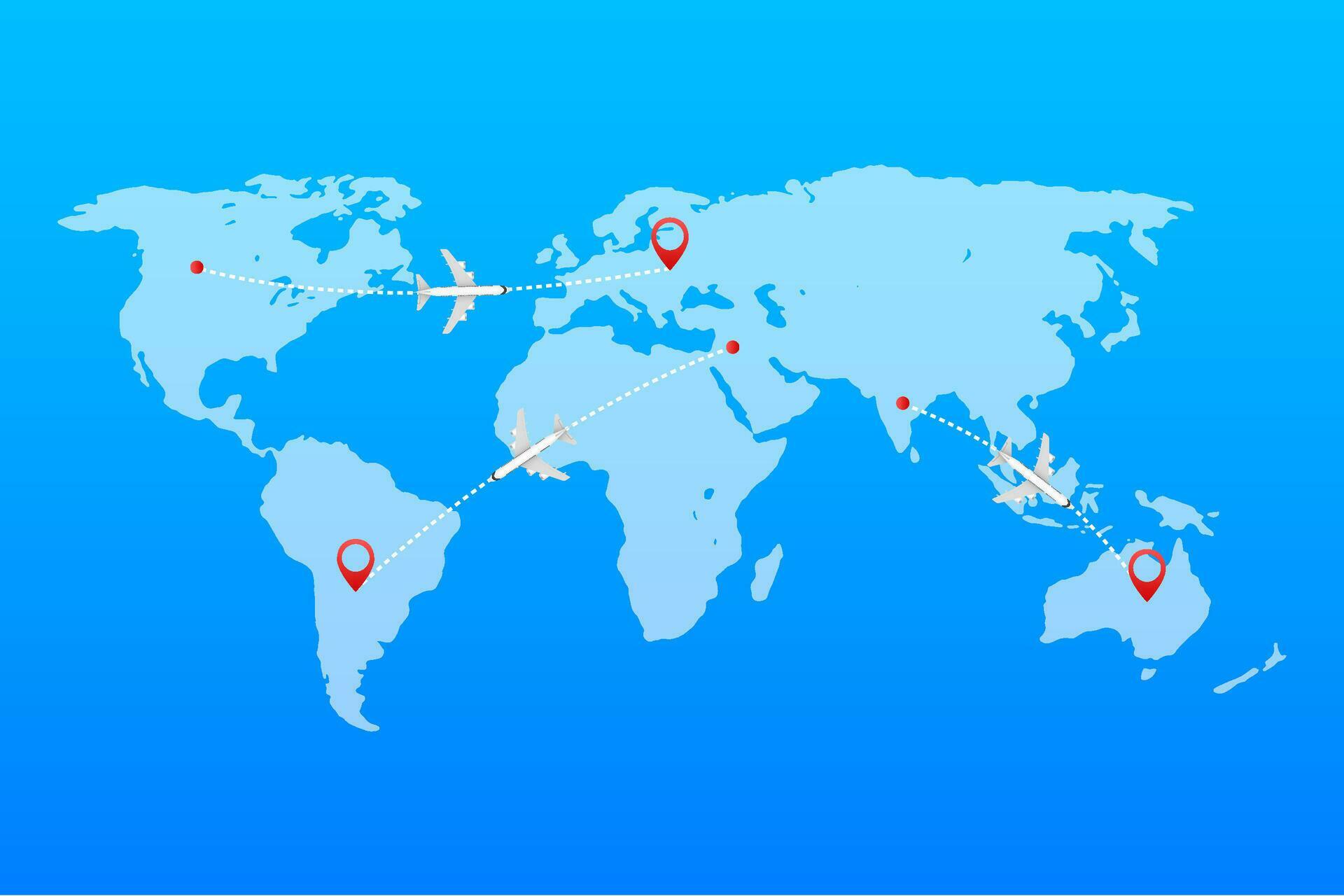 World Map Whit Dashed Trace Line And Airplanes Flying Vector Stock