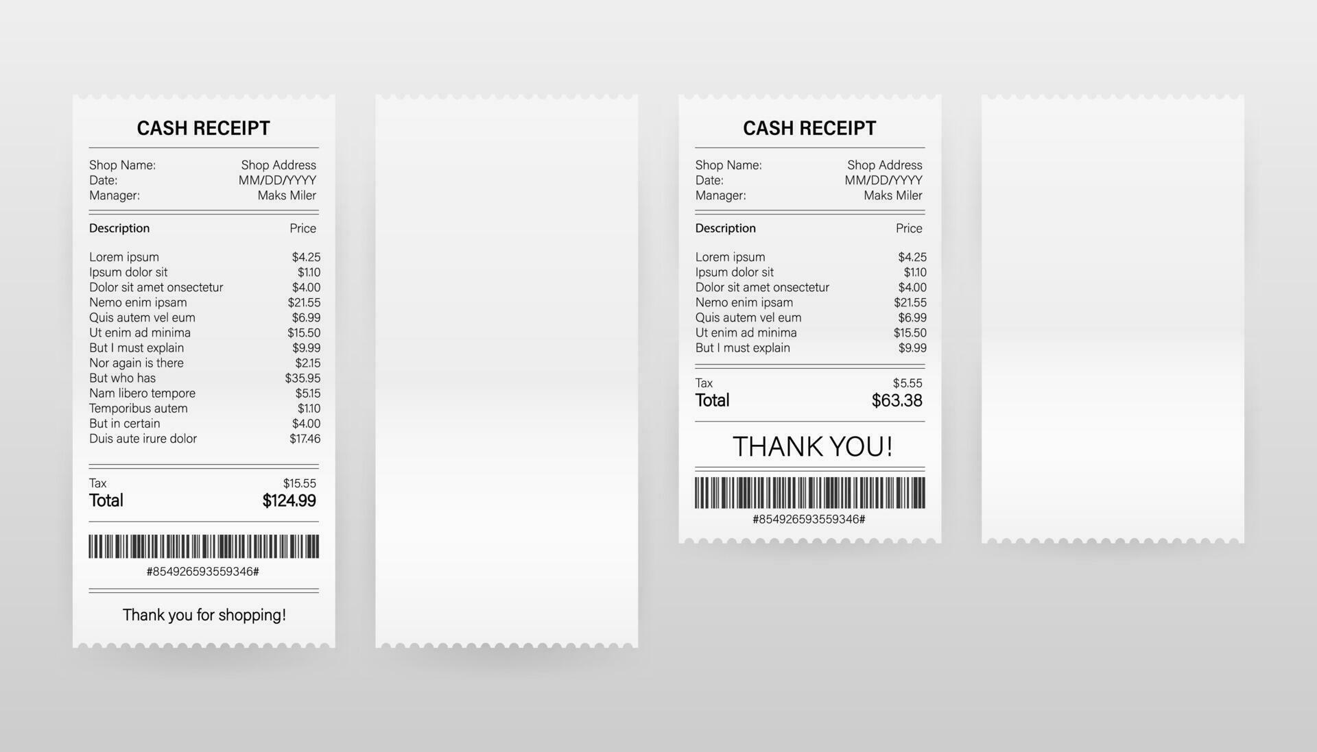 Receipts vector illustration of realistic payment paper bills for cash or credit card ...