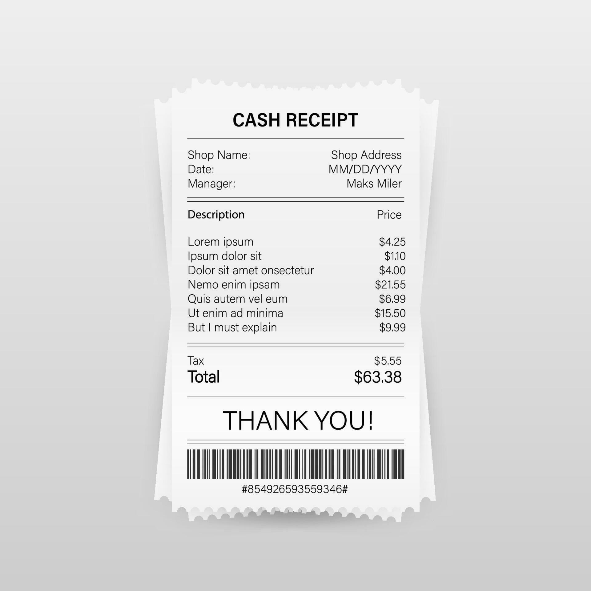 Receipts vector illustration of realistic payment paper bills for cash or credit card ...