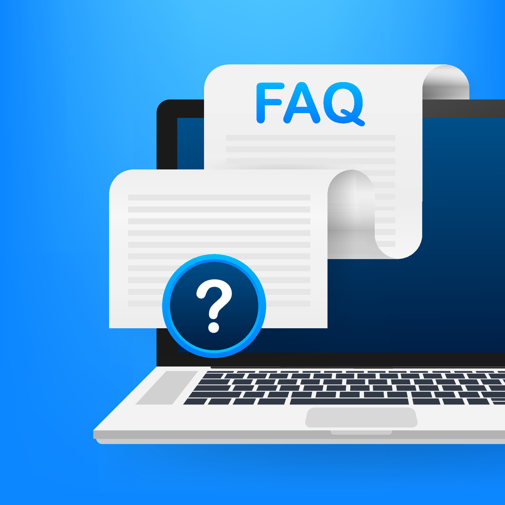 Frequently asked questions FAQ banner. Computer with question icons. Vector illustration ...