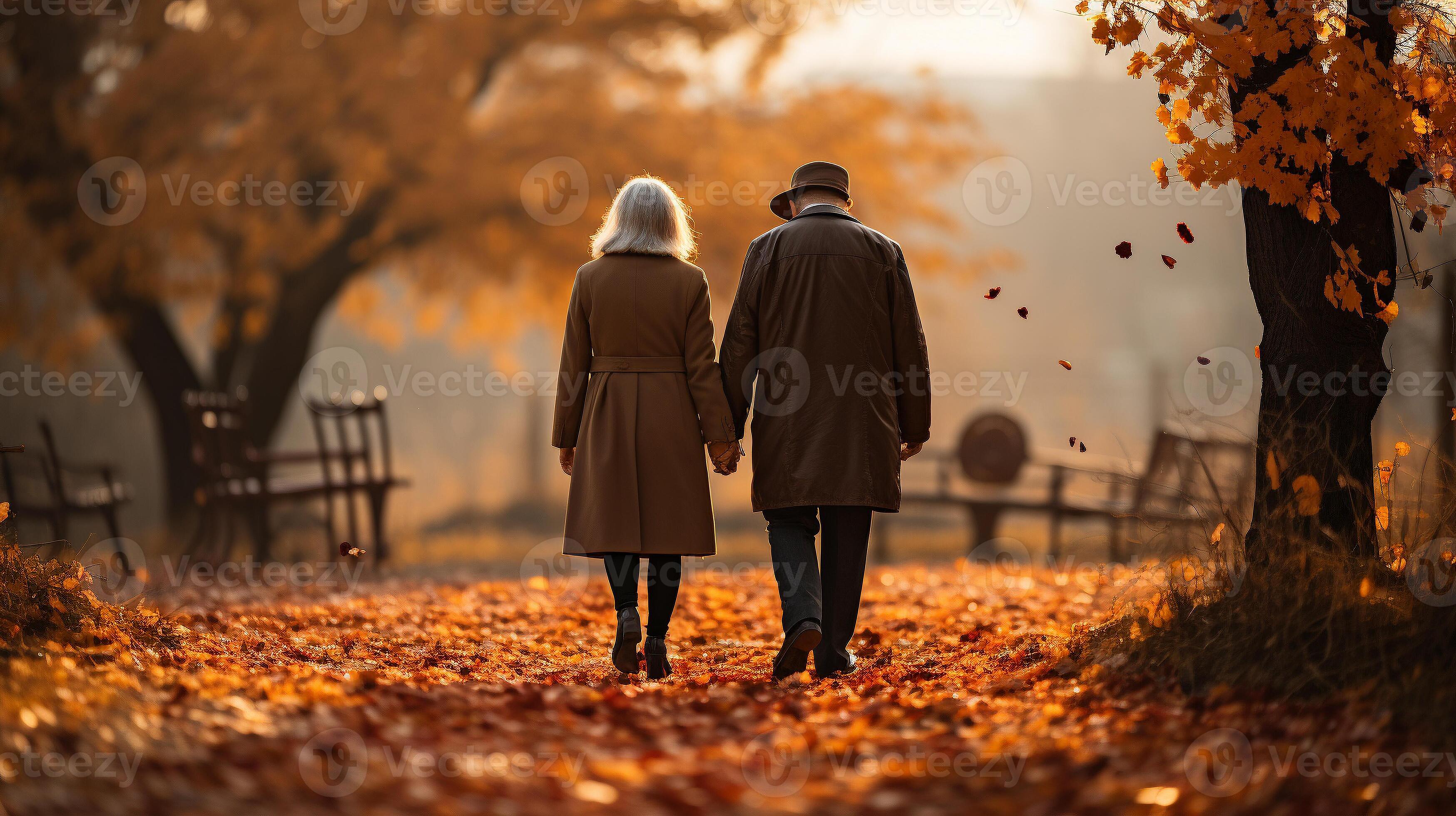Senior Couple Holding Hands Walking Through The Park On A Fall Day