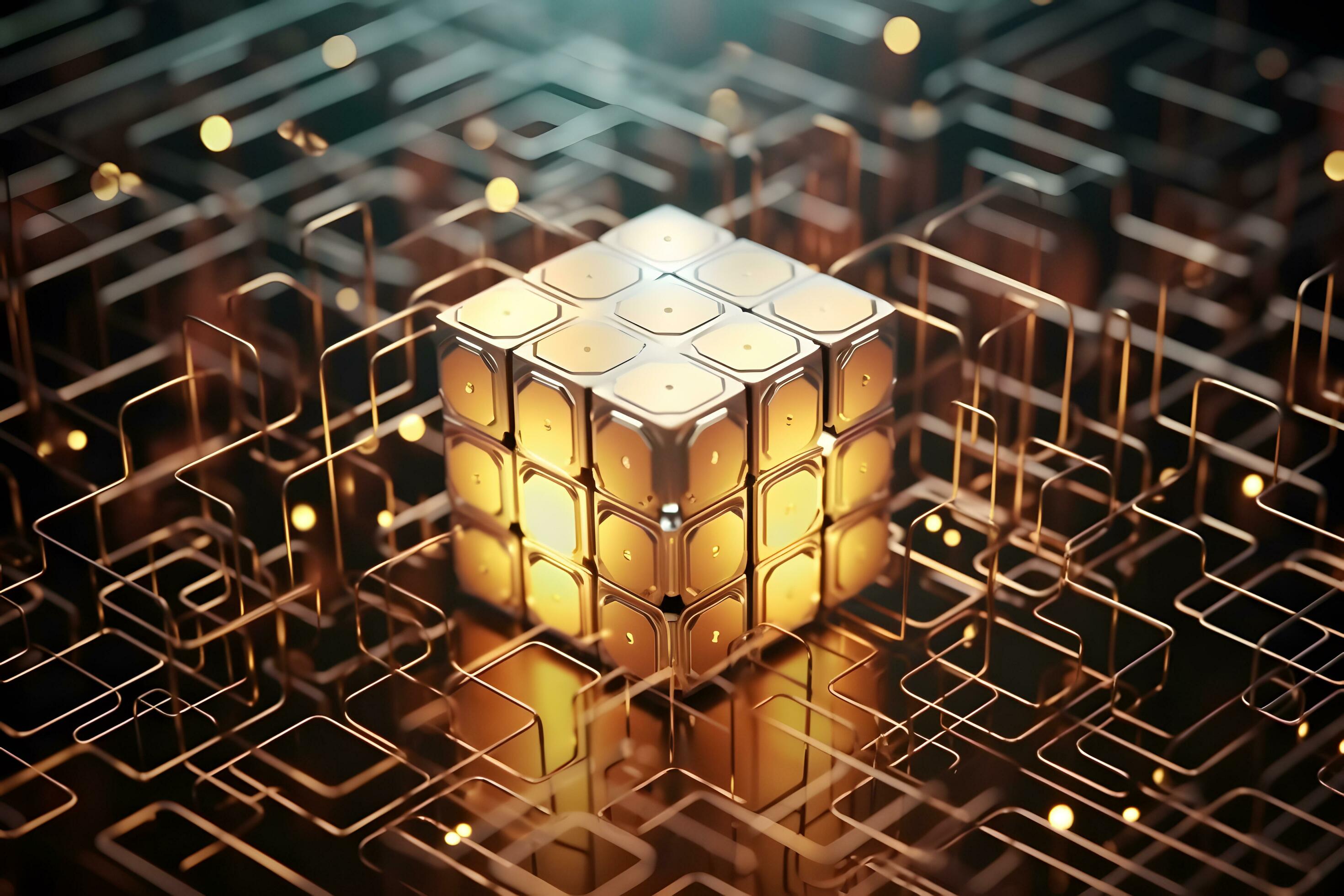 Data storage cube between pathways. Quantum computing, database, cloud computing concept ...