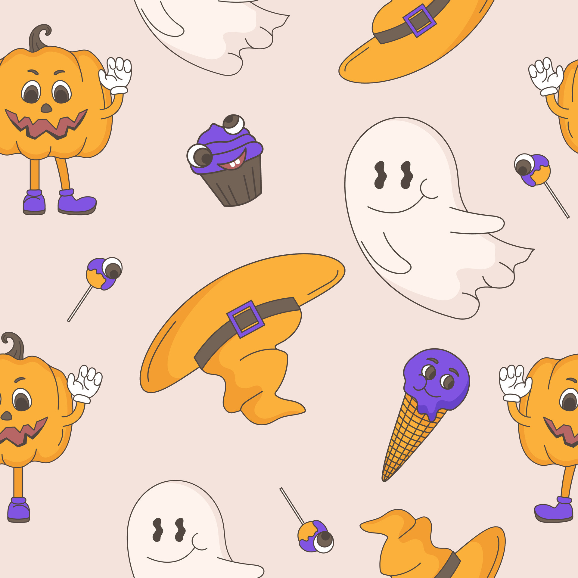 Seamless Halloween Pattern Cute Retro Characters Pumpkin Candy Ghost Hat 29937067 Vector