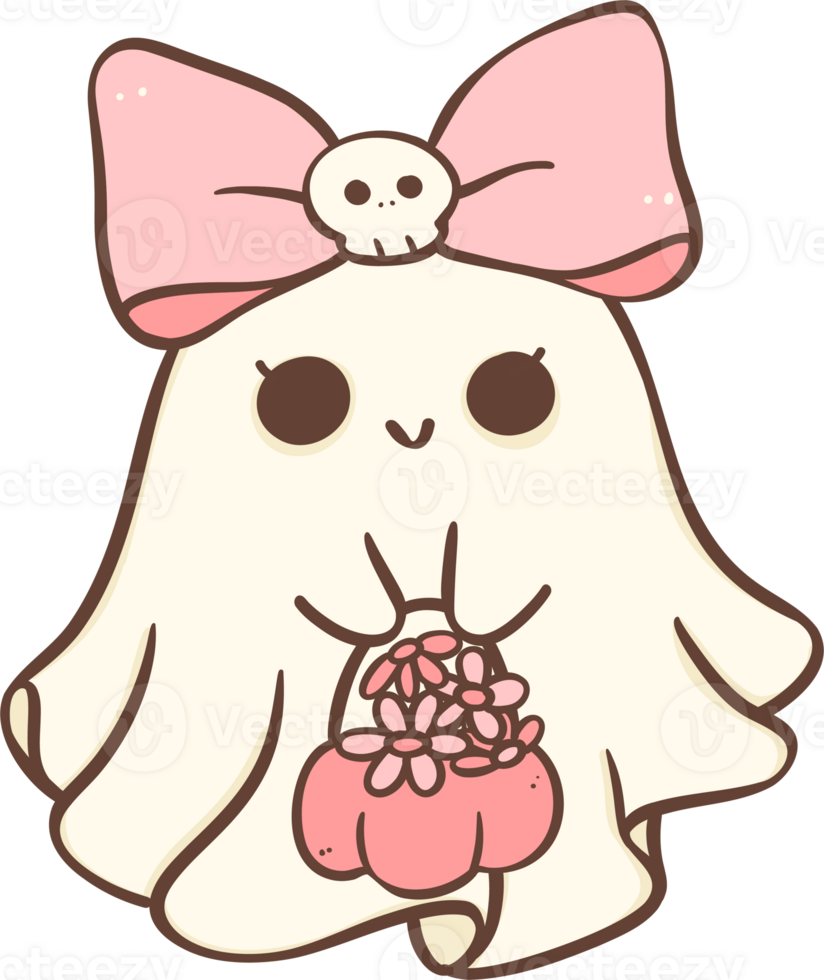 Cute Pink Halloween ghost girl with flower cartoon doodle 29937302 PNG