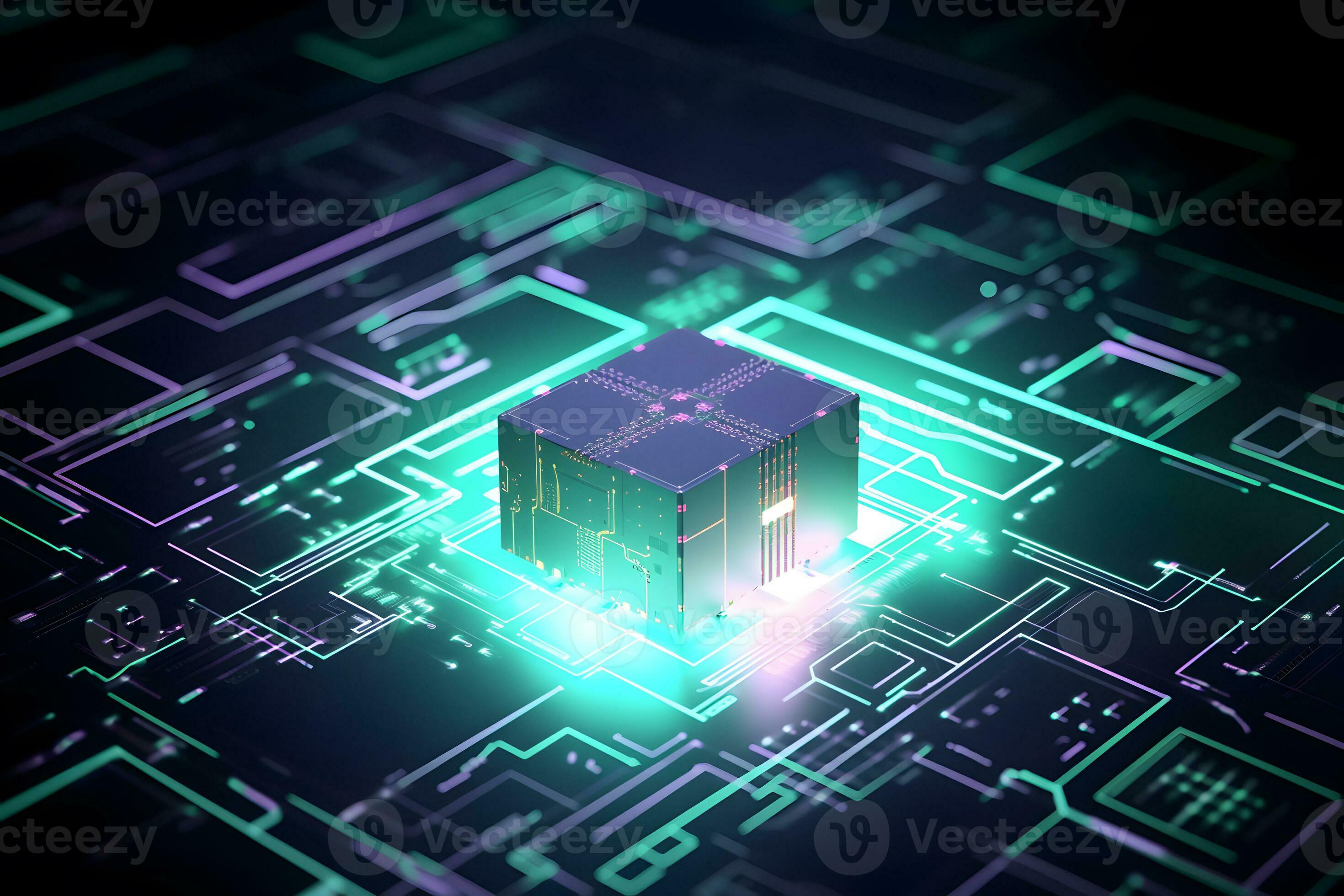 Data storage cube between neon pathways. Quantum computing, database, cloud computing concept ...