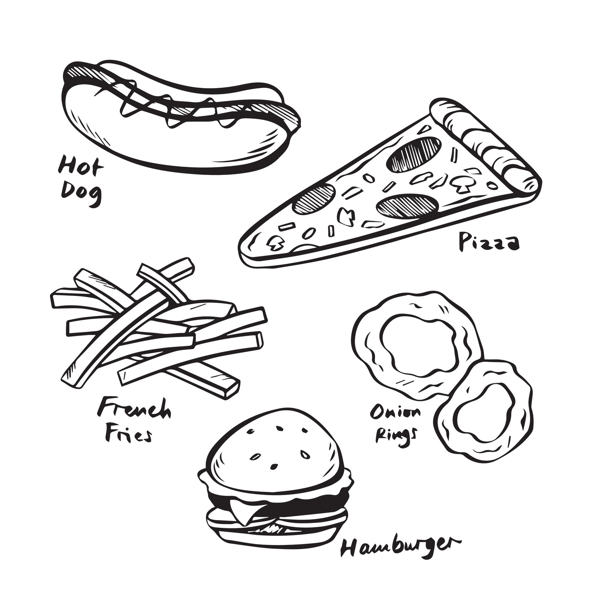 Black and white outlined sketch fast junk food vector illustration ...