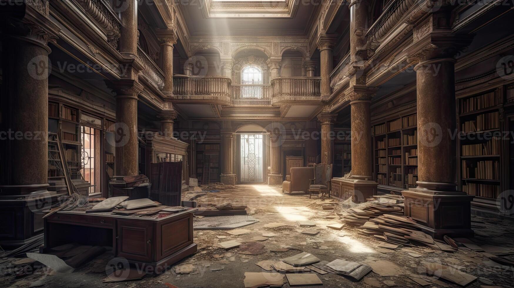 Abandoned Library with Dusty Books and Ornate Architecture 29972775 ...