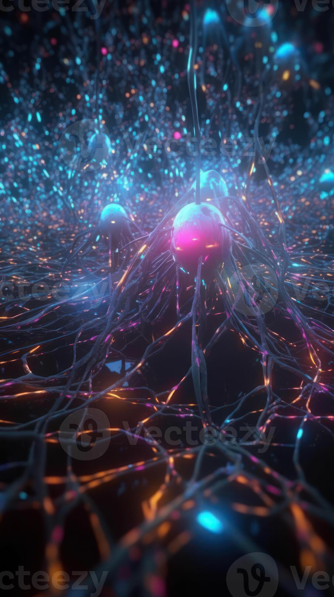 NeonGlowing Network of Highly Connected Neurons Generative AI 29987790 Stock Photo at Vecteezy