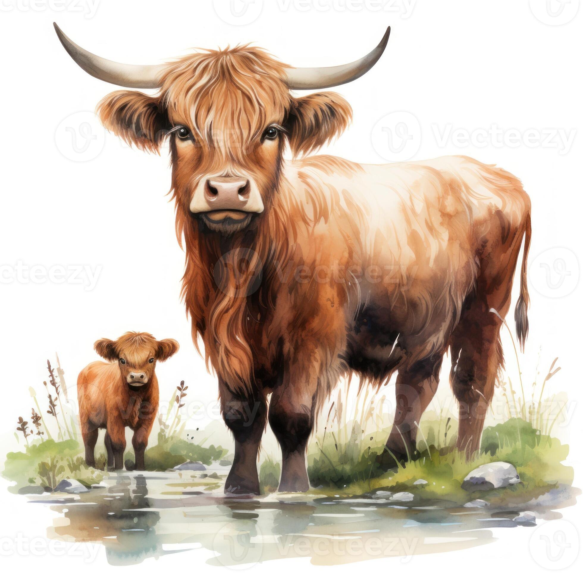 Highland Baby Cow Drinking from Mother in Meadow Watercolor Clipart AI ...