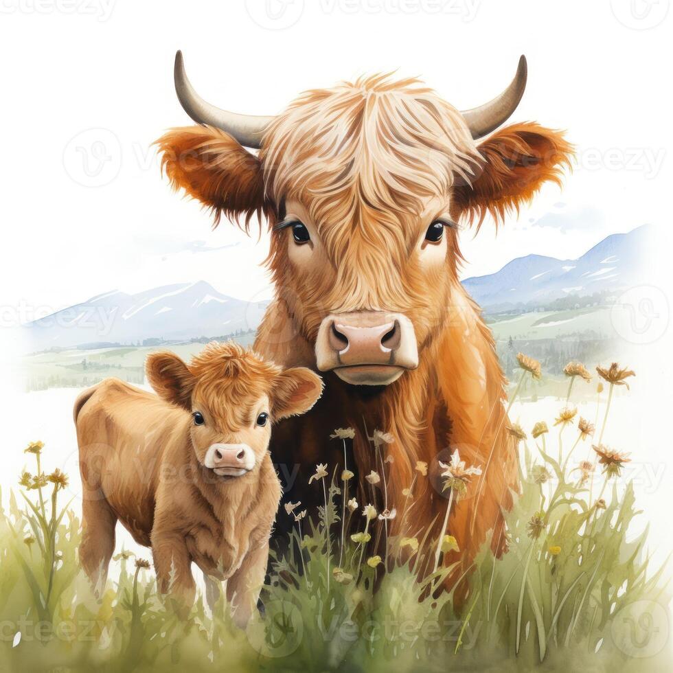 Highland Baby Cow Drinking from Mother in Meadow Watercolor Clipart AI ...