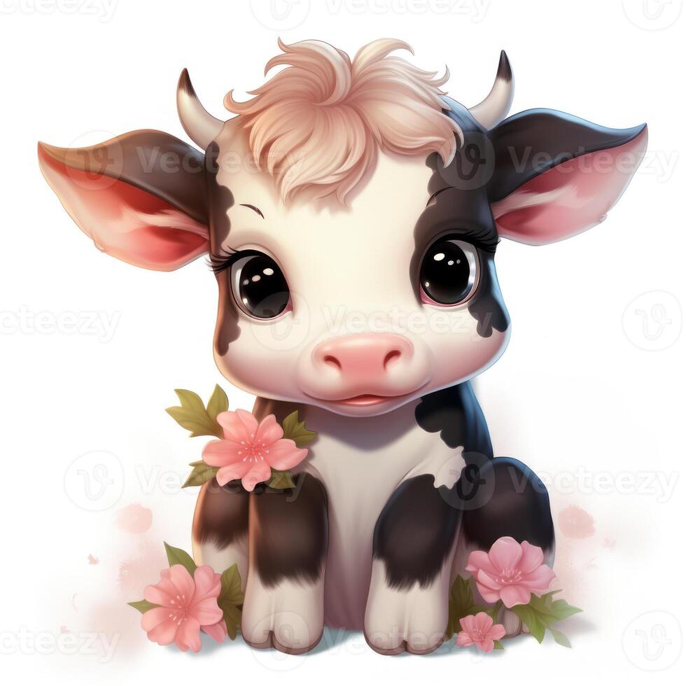 Adorable CartoonStyle Clipart of a Cute Baby Cow with Flowers on White ...