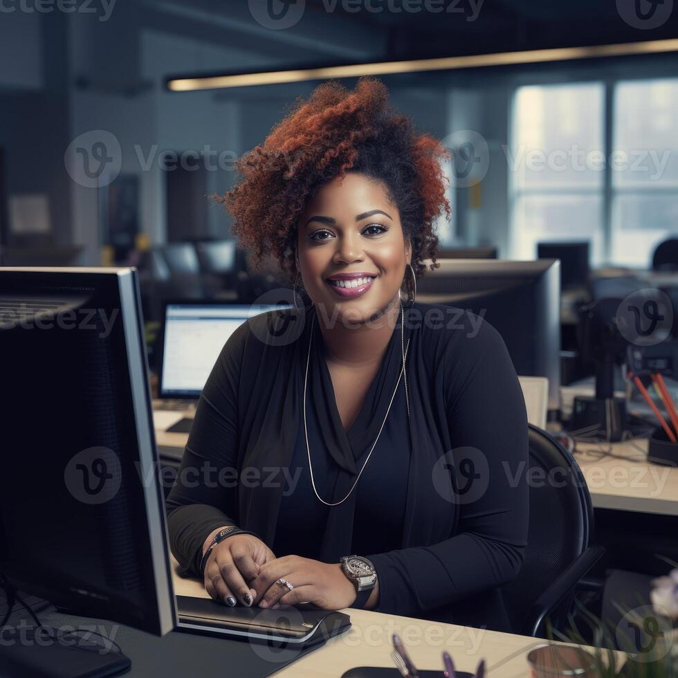 Plus Size Happy Curvy Black Woman Manager Modern Office Successful Job