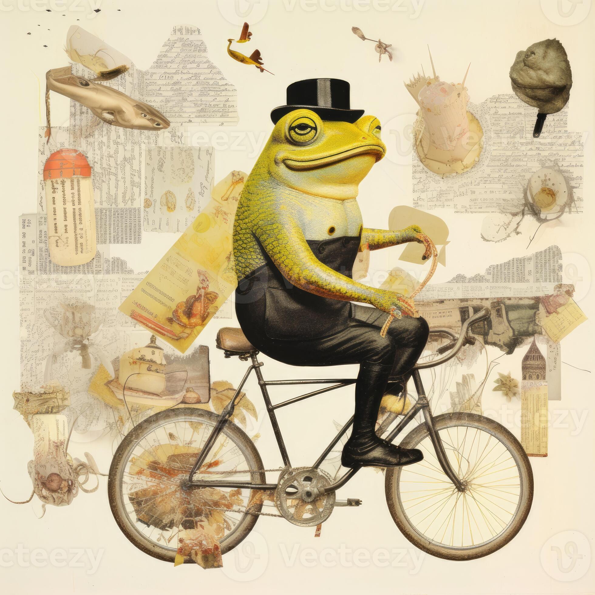 Frog Bike Ride Abstract Collage Scrapbook Yellow Retro Vintage Surrealistic Illustration
