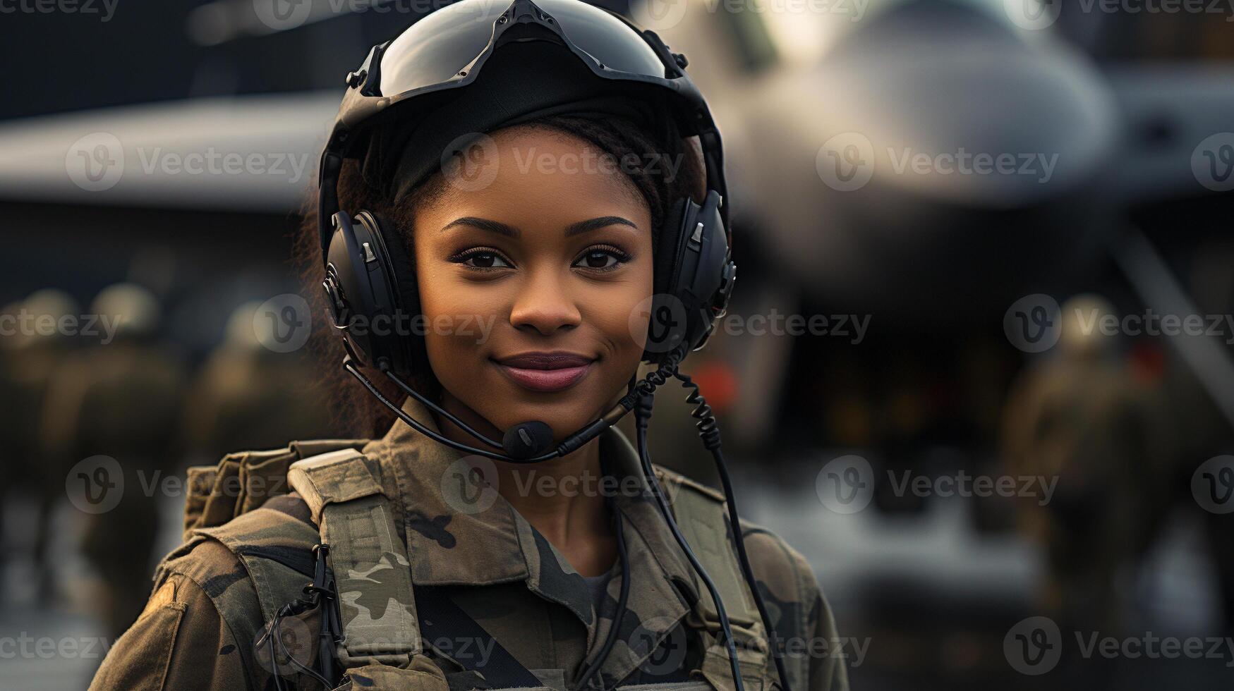 Female African American fighter pilot soldier stands outside her fighter jet - generative AI ...