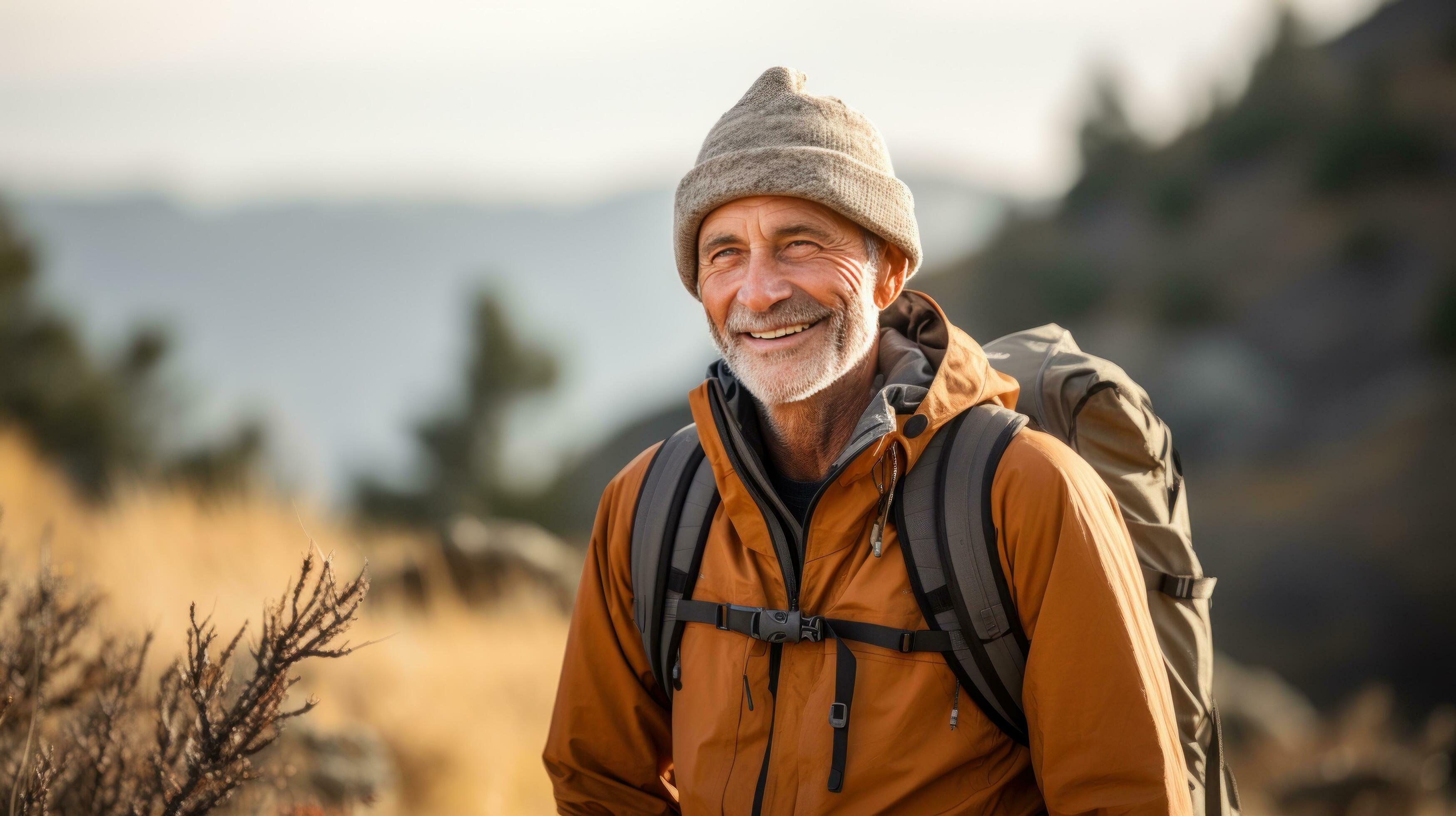 Older man hiking in nature with a walking stick 30049649 Stock Photo at Vecteezy