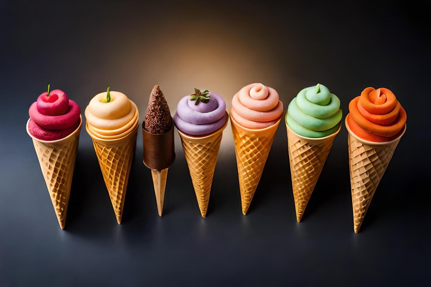 six different colored ice cream cones in a row. AI-Generated 30056000 Stock Photo at Vecteezy