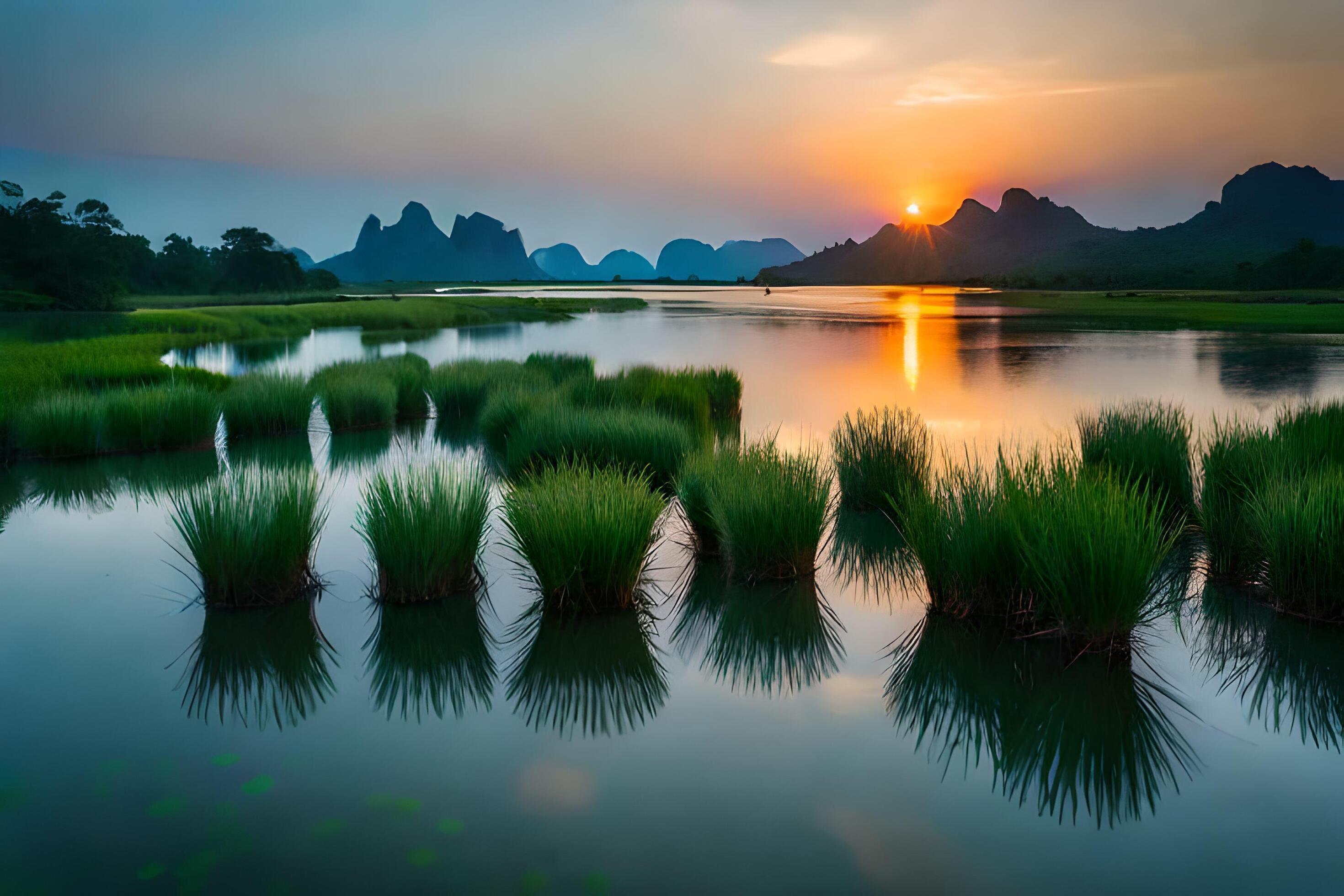 the sun sets over a river and some grass. AI-Generated 30059969 Stock Photo at Vecteezy