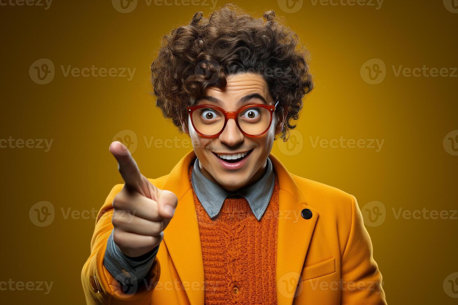Fun Goofy Guy Deliriously Smiling And Pointing On A Gradated Background Generative Ai