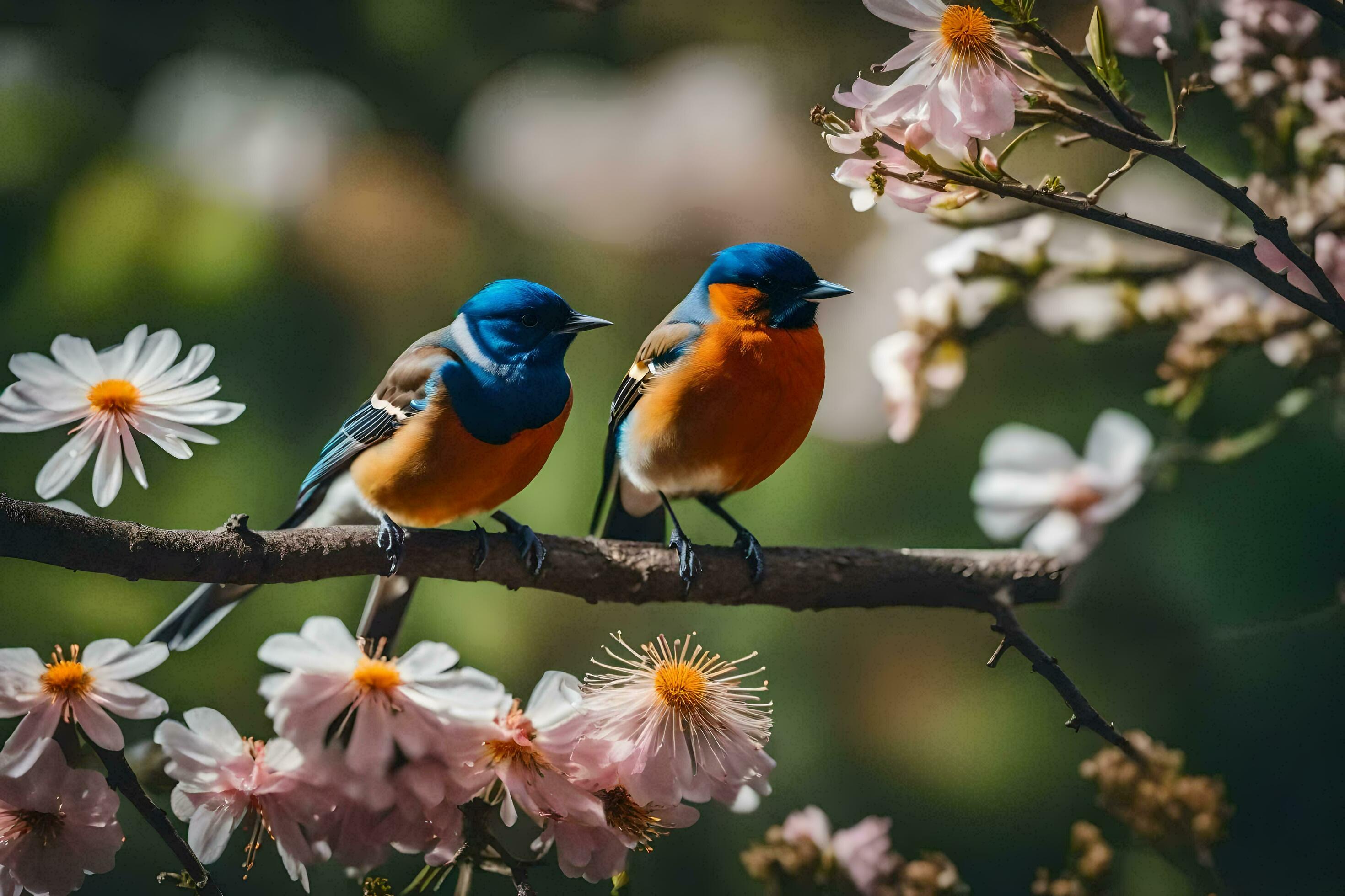 two birds sitting on a branch with flowers. AI-Generated 30088550 Stock ...