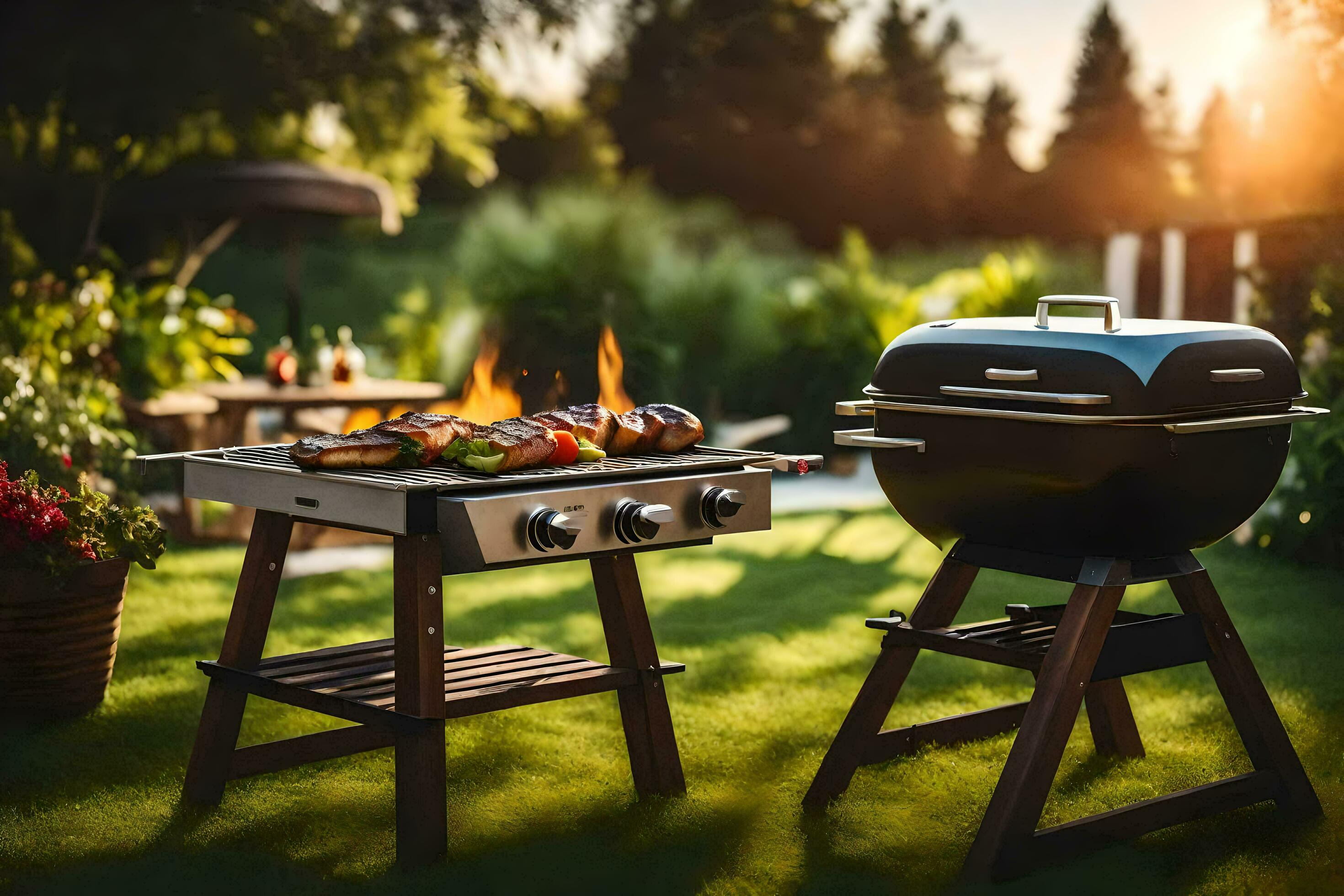 two bbq grills on a grassy lawn. AI-Generated 30097107 Stock Photo at Vecteezy