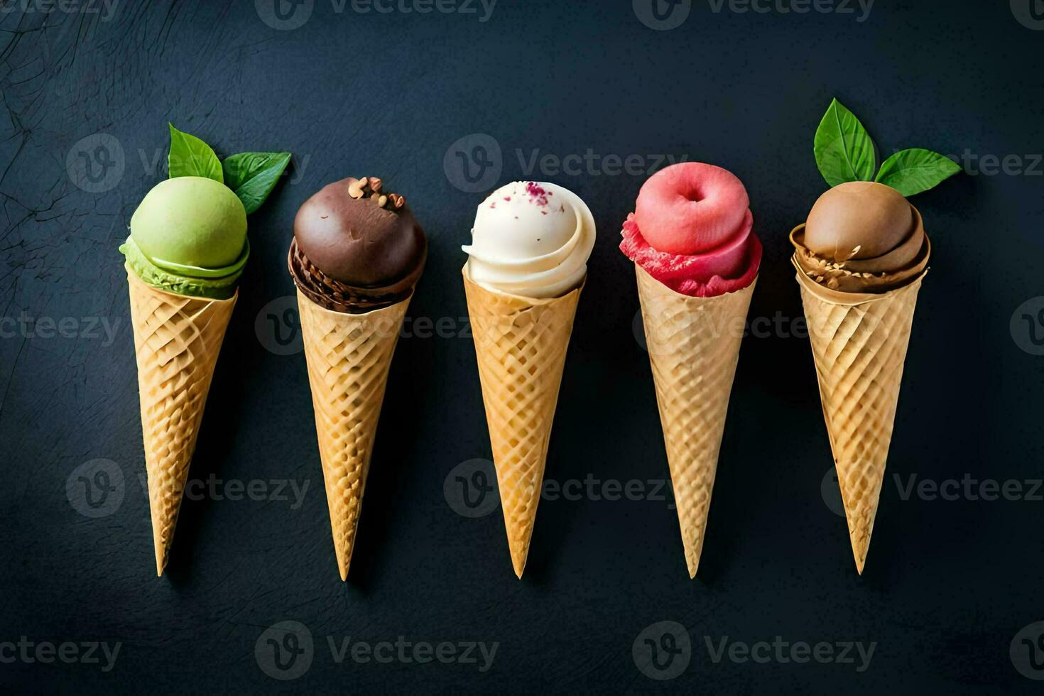 Five Ice Cream Cones With Different Flavors On A Black Background Ai