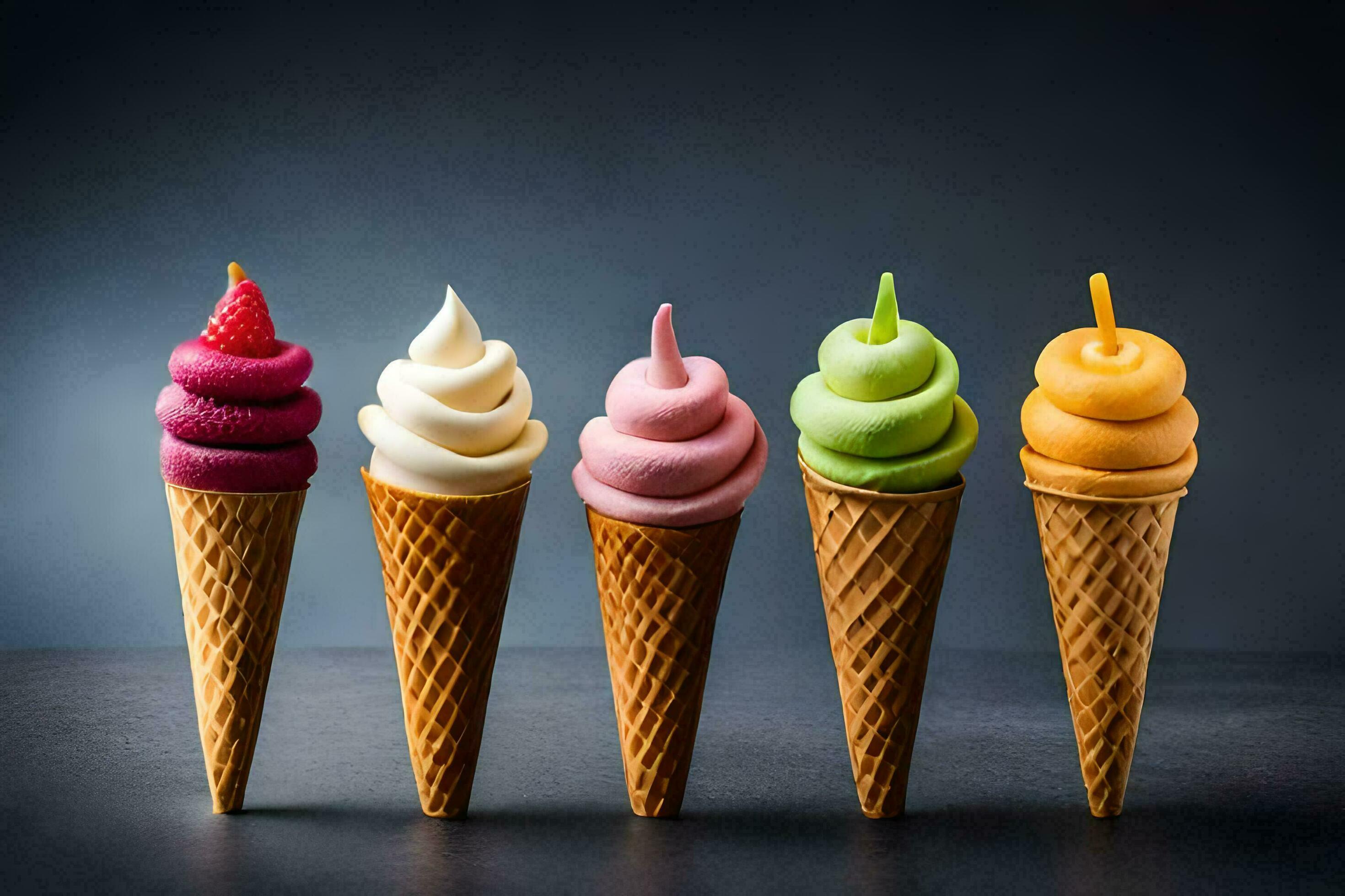 five different colored ice cream cones in a row. AI-Generated 30102064 Stock Photo at Vecteezy