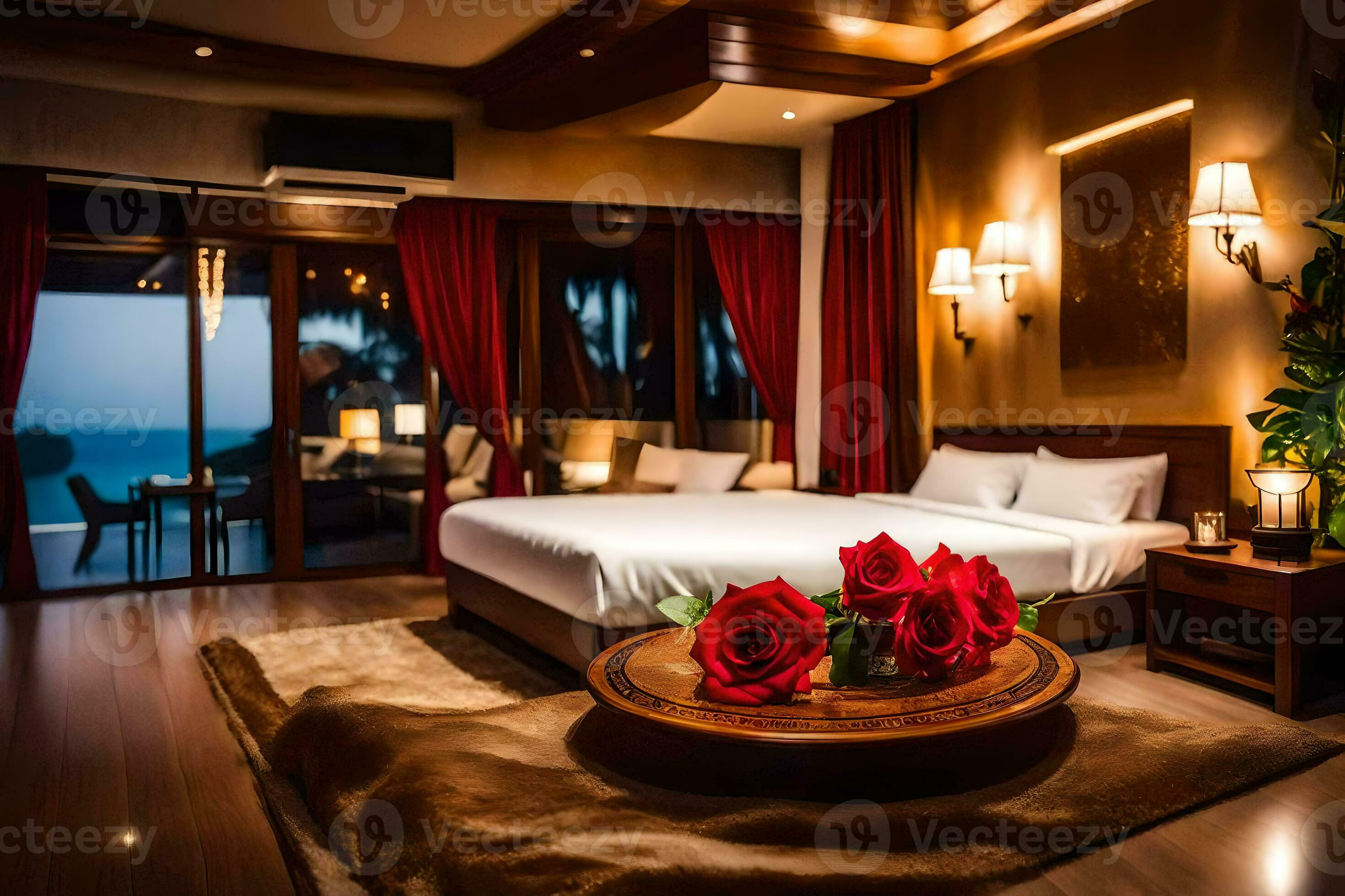 a bedroom with a bed and a view of the ocean. AI-Generated 30136891 Stock Photo at Vecteezy