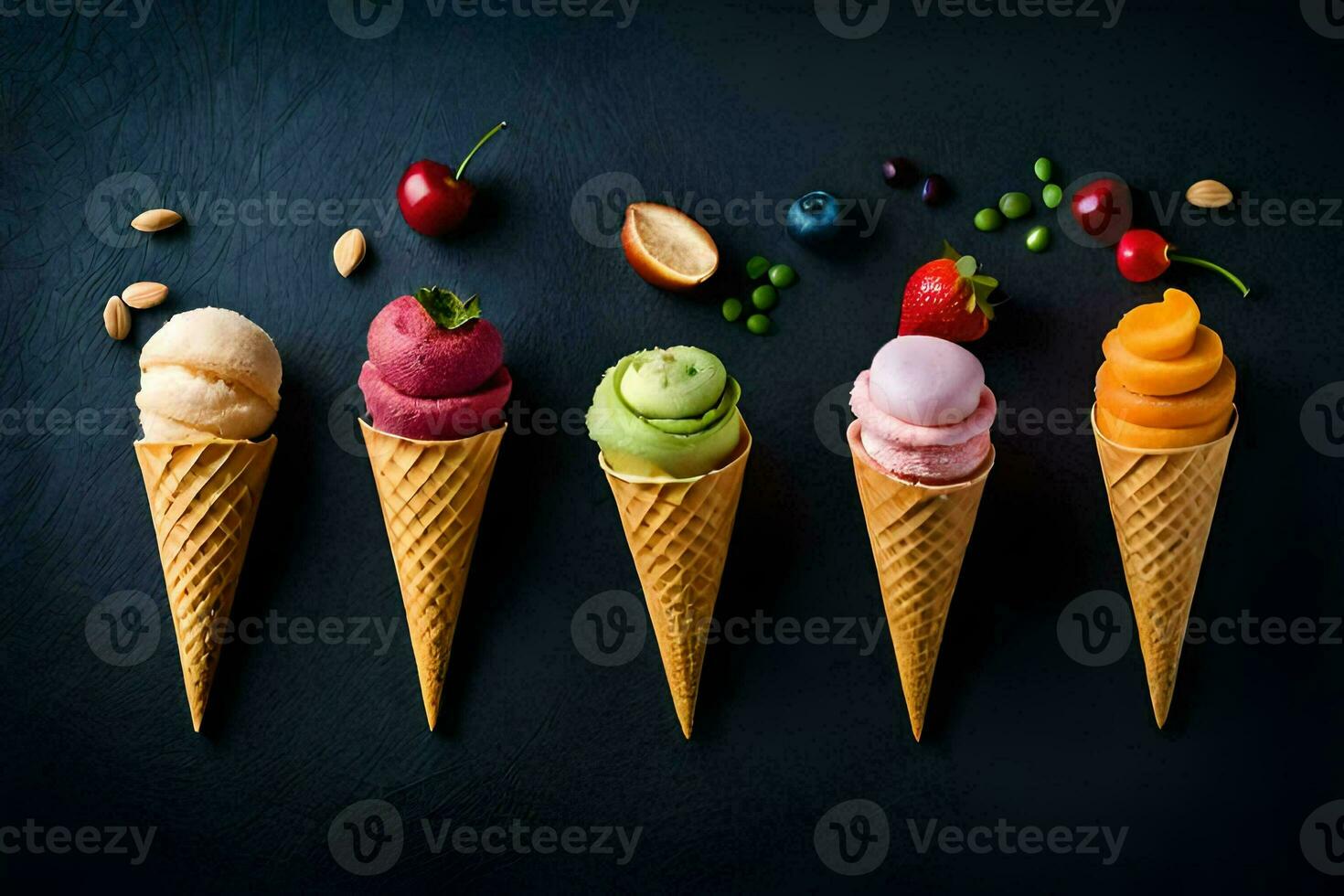 five ice cream cones with different flavors on a black background. AI-Generated 30153870 Stock ...
