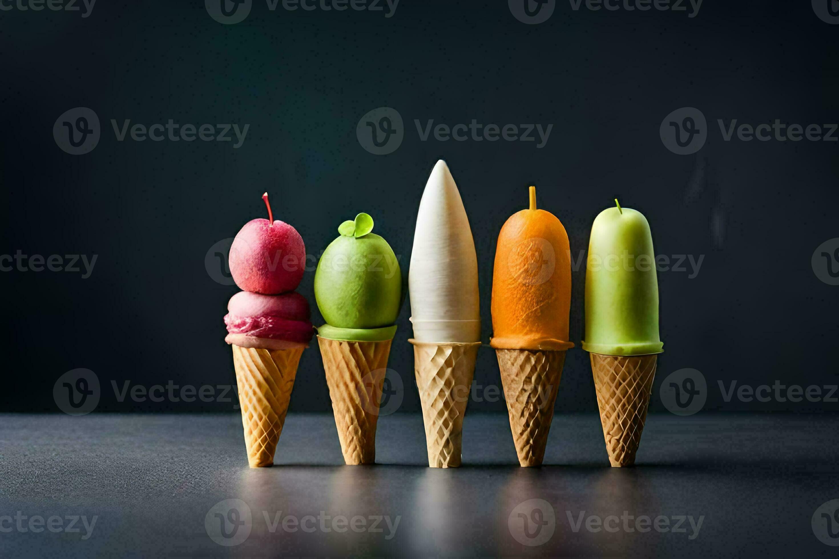 five ice cream cones with different colored ice cream. AI-Generated 30156139 Stock Photo at Vecteezy