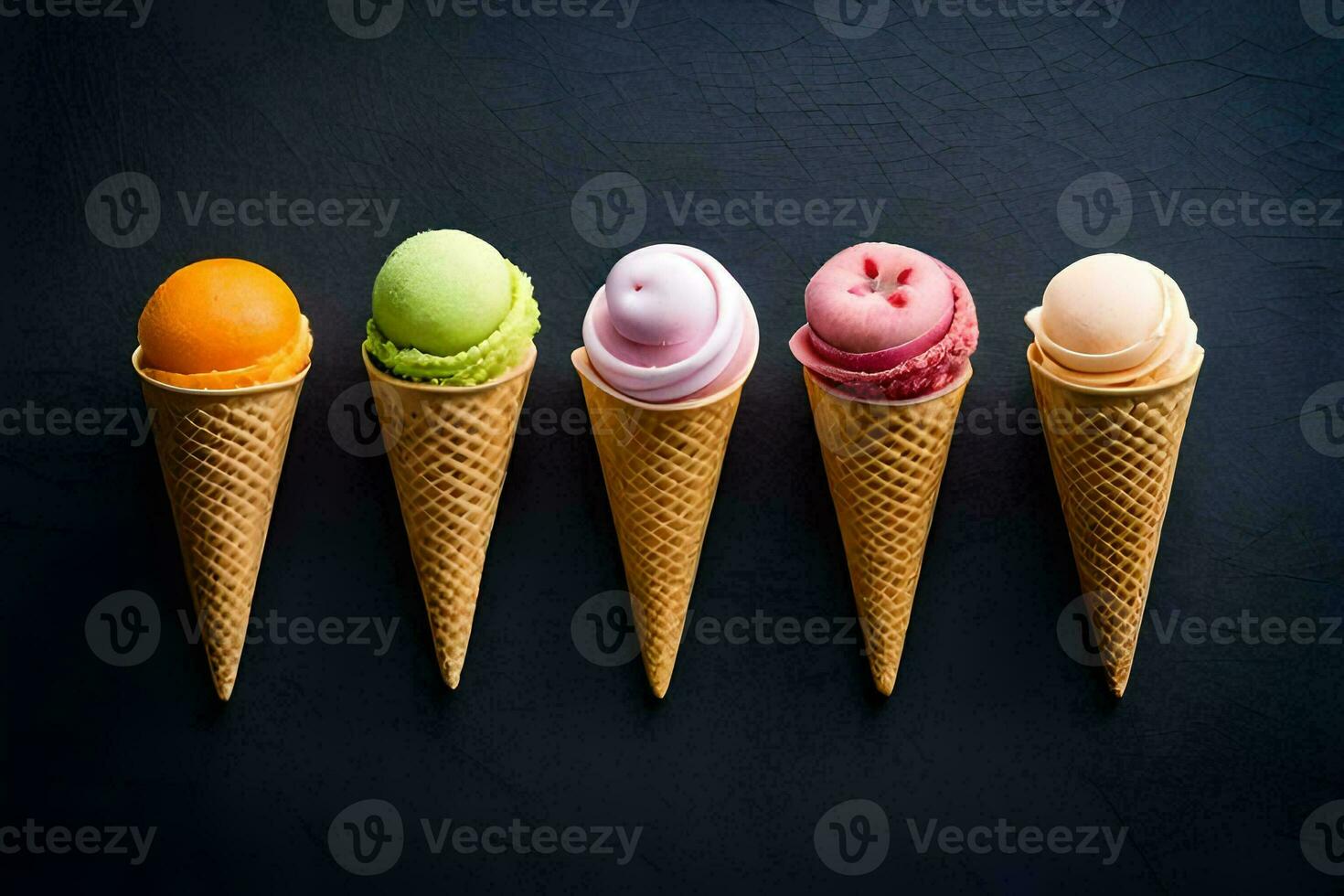 five different colored ice cream cones in a row. AI-Generated 30157665 Stock Photo at Vecteezy