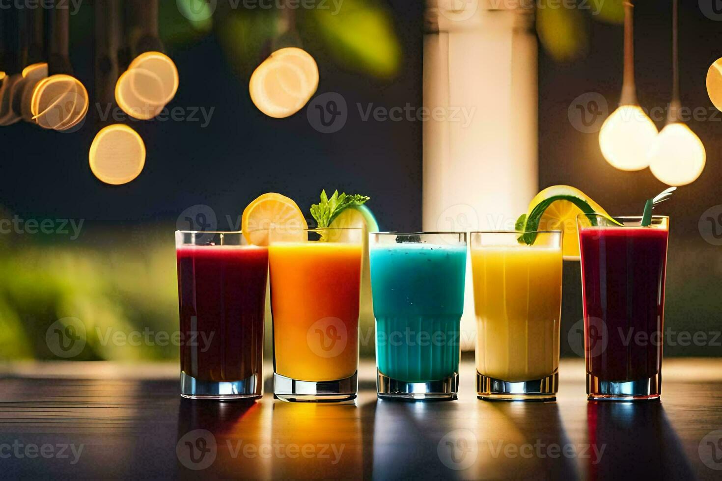 five different colored drinks are lined up on a table. AI-Generated 30158144 Stock Photo at Vecteezy