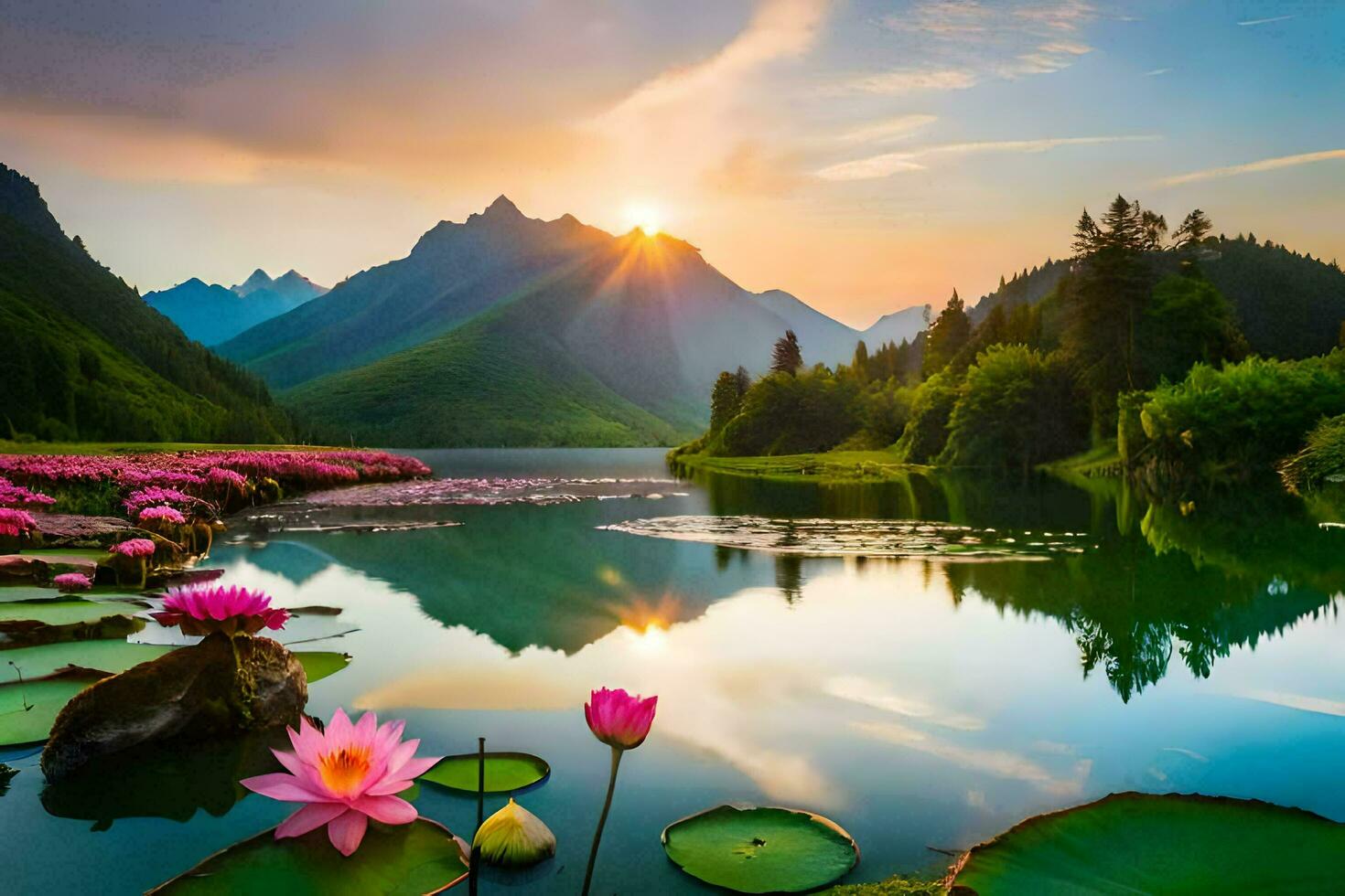 the beautiful landscape of the lake with pink lotus flowers and ...