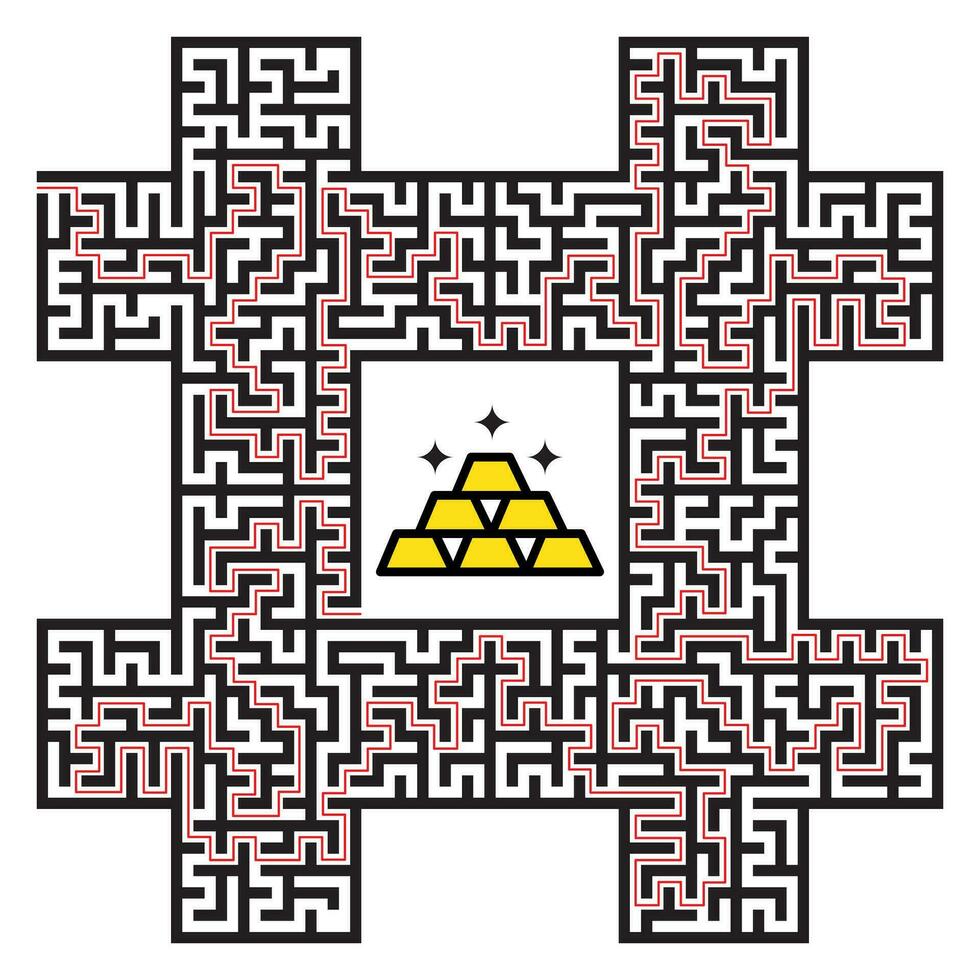 Labyrinth puzzle game in cross shape. Black abstract square maze with answer. A simple flat ...