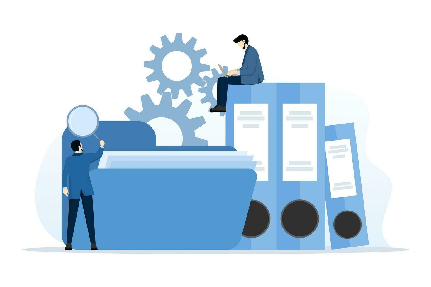 File Search Concept Worker Searches For Files Employee Uses A Magnifying Glass File Binder