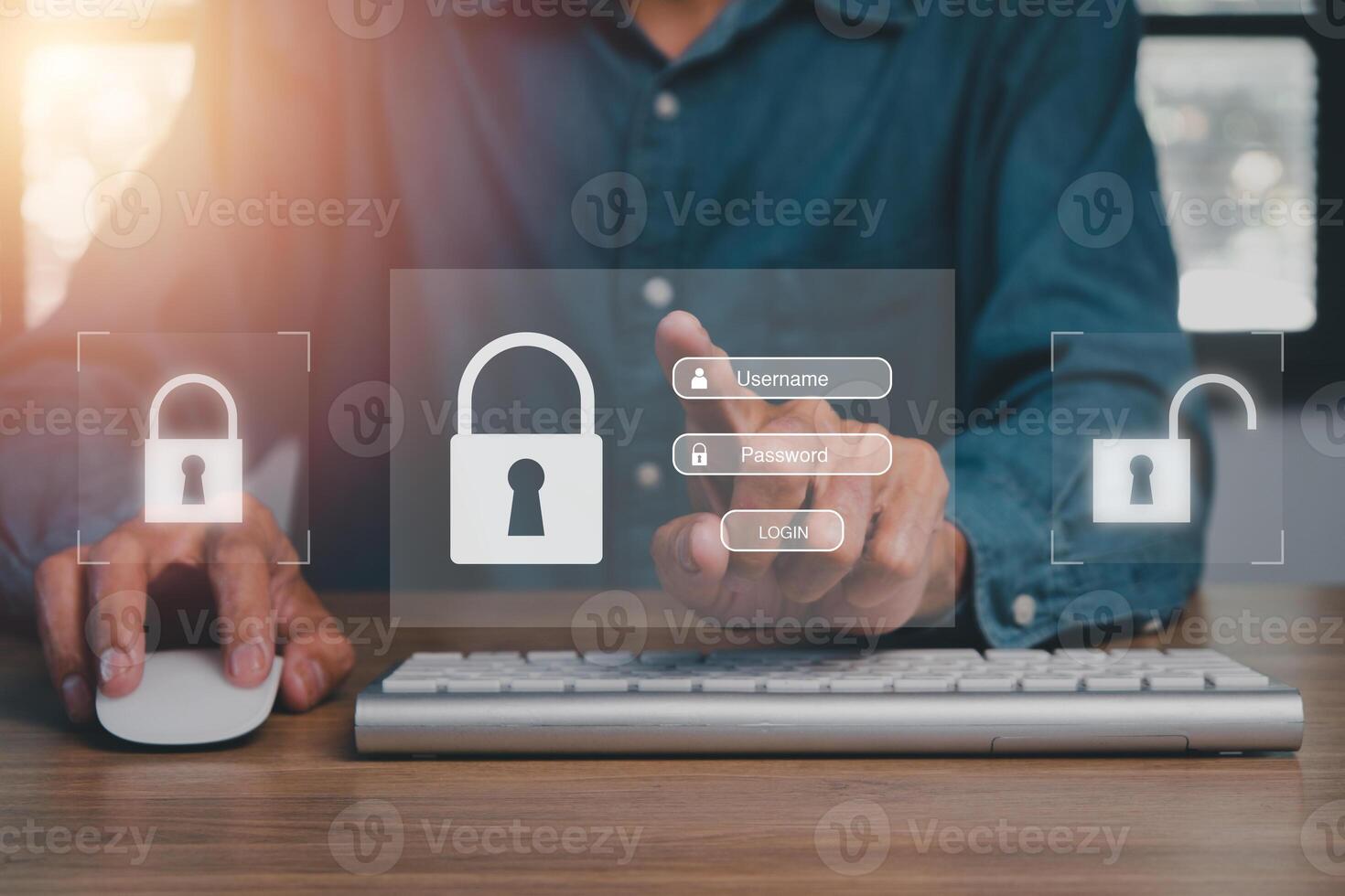 Man Hand Typing On Keyboard With Login And Password On Screen Display Cyber Security Concept