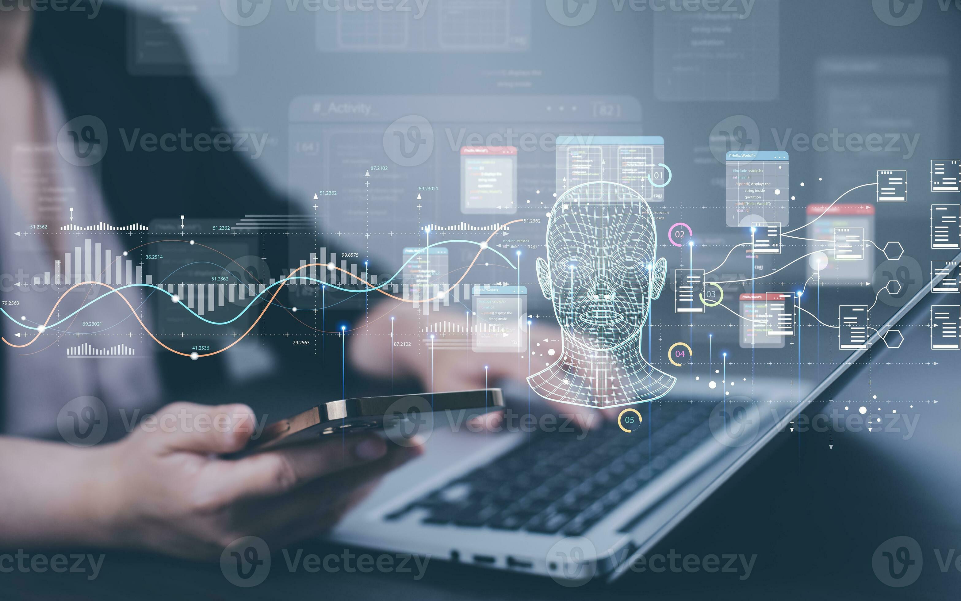 Programmer people working and touch virtual screen AI, artificial intelligence software engineer ...