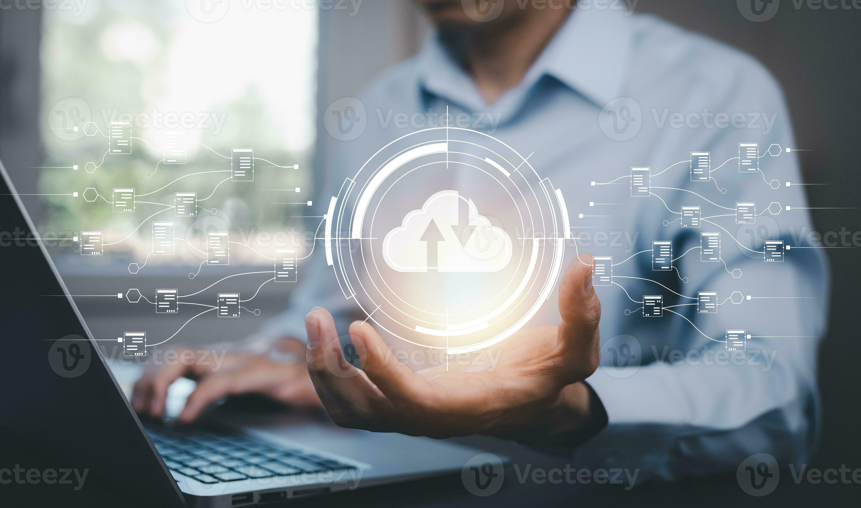 Business people using laptop with cloud computing system , Storage and data transfer Cloud ...