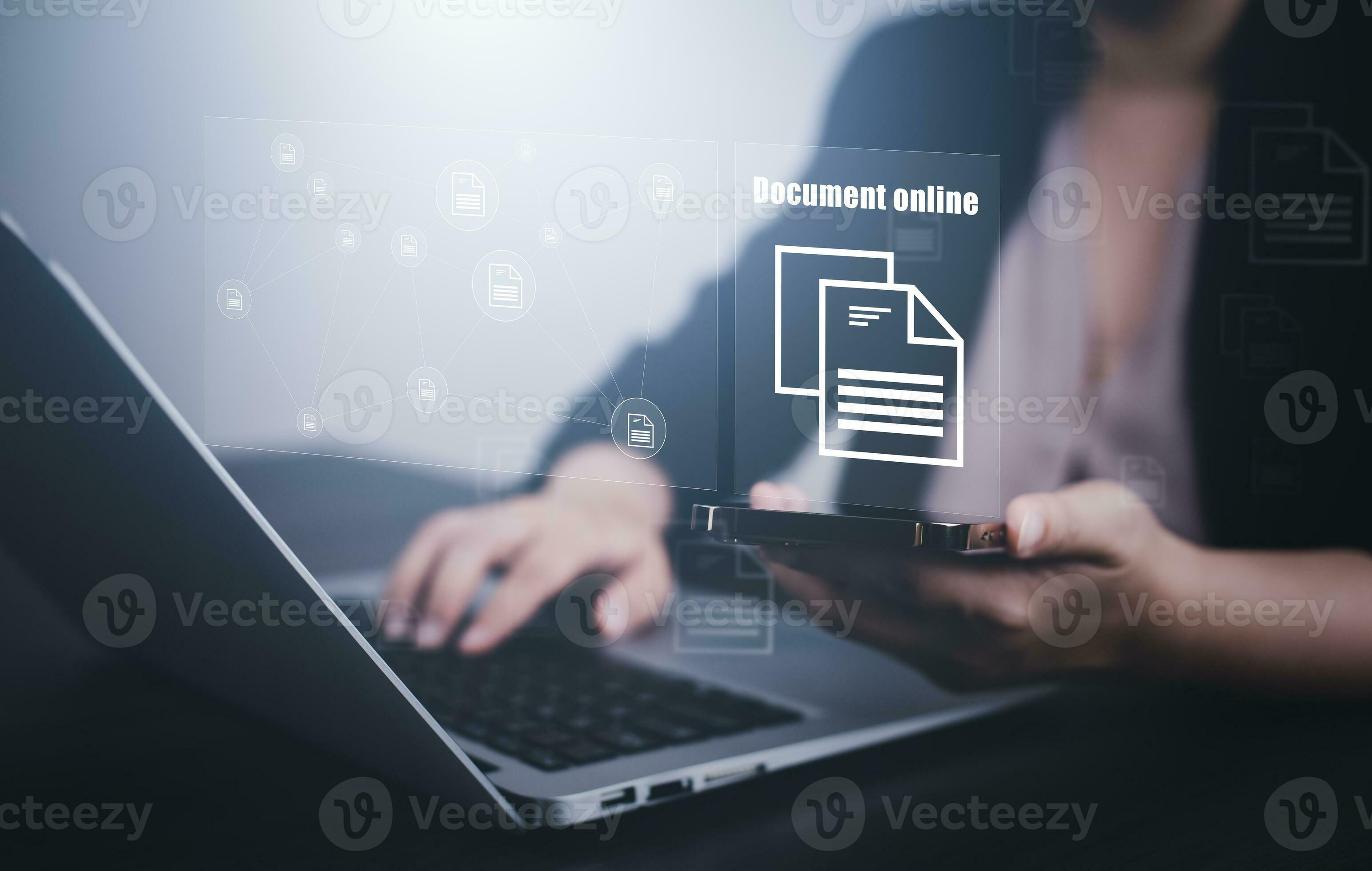 Business people working on laptop with virtual screen. Online documentation database, IT ...