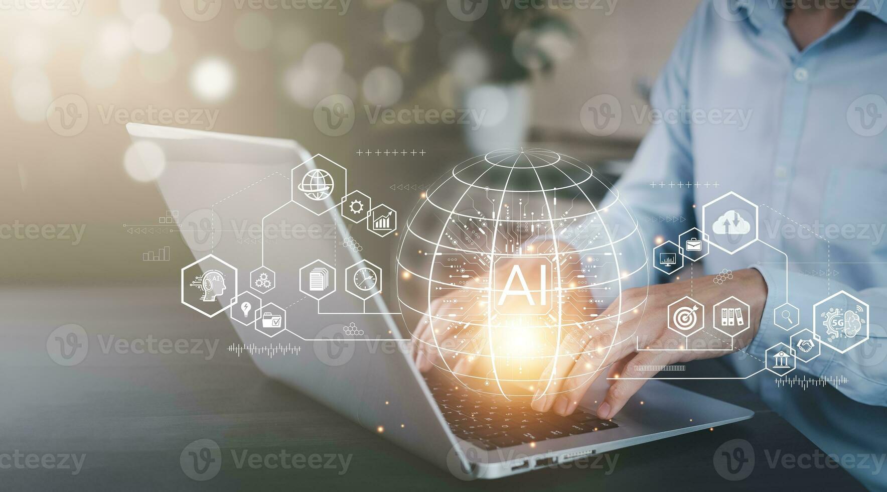 Programmer people working laptops or smartphones with AI, artificial intelligence software ...