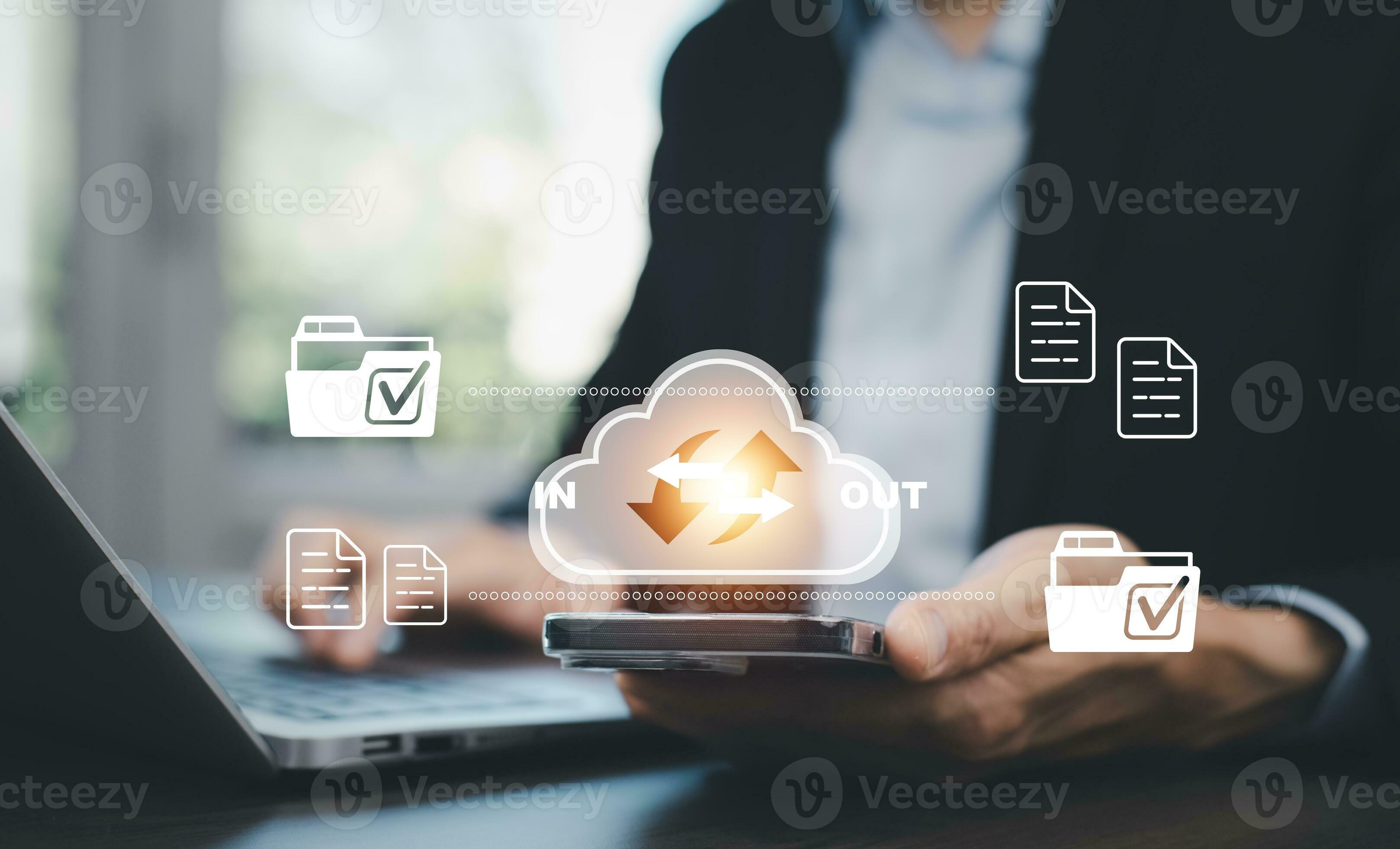 Business people using laptop with cloud computing system , Storage and data transfer Cloud ...