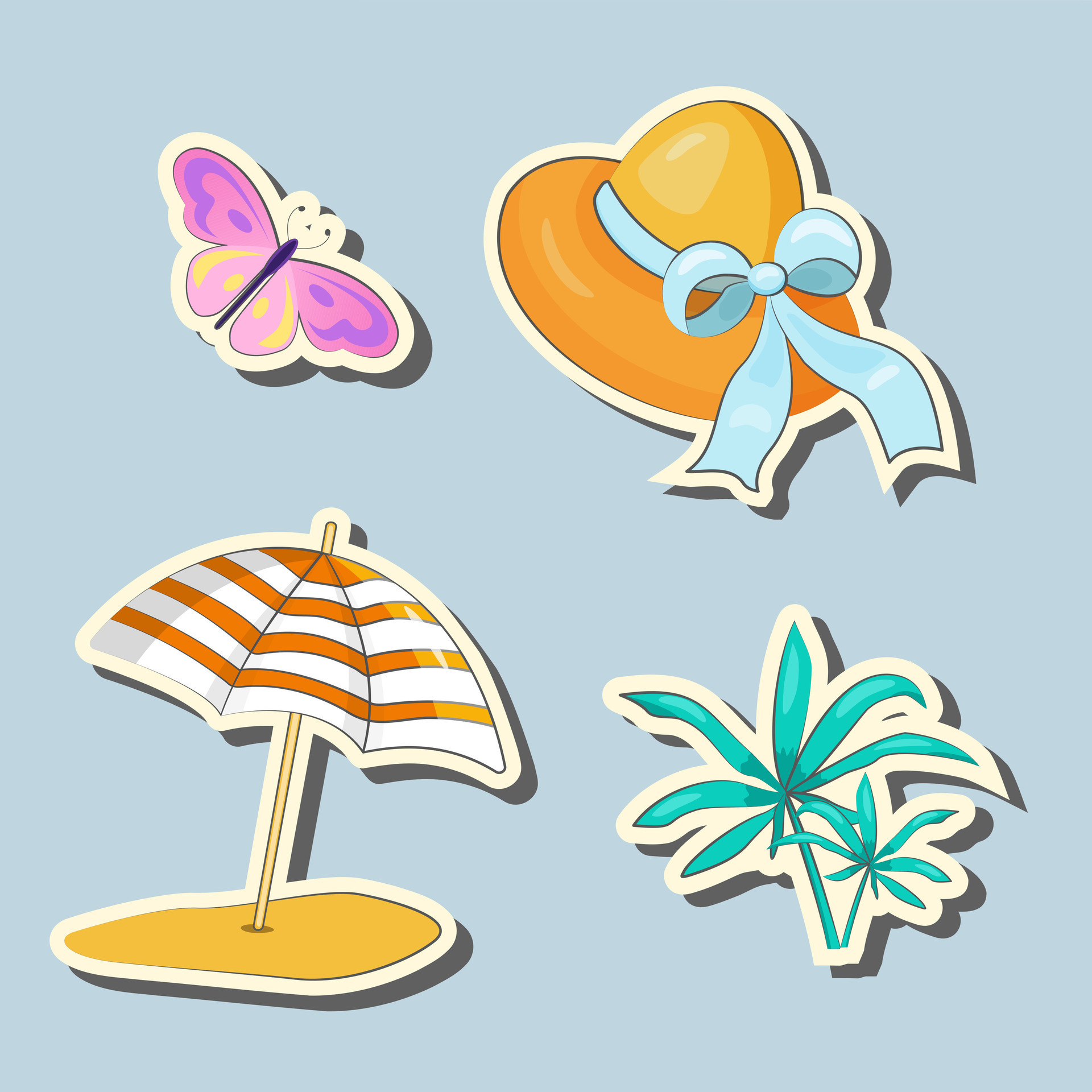 Vector set of cute summer stickers hat, umbrella, palm tree, butterfly. Perfect for summertime ...