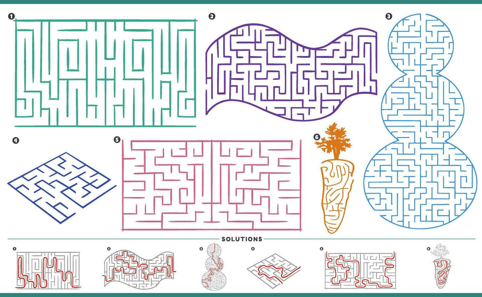 Maze Puzzle Activities Graphs Set With Solutions 30201420 Vector Art At Vecteezy