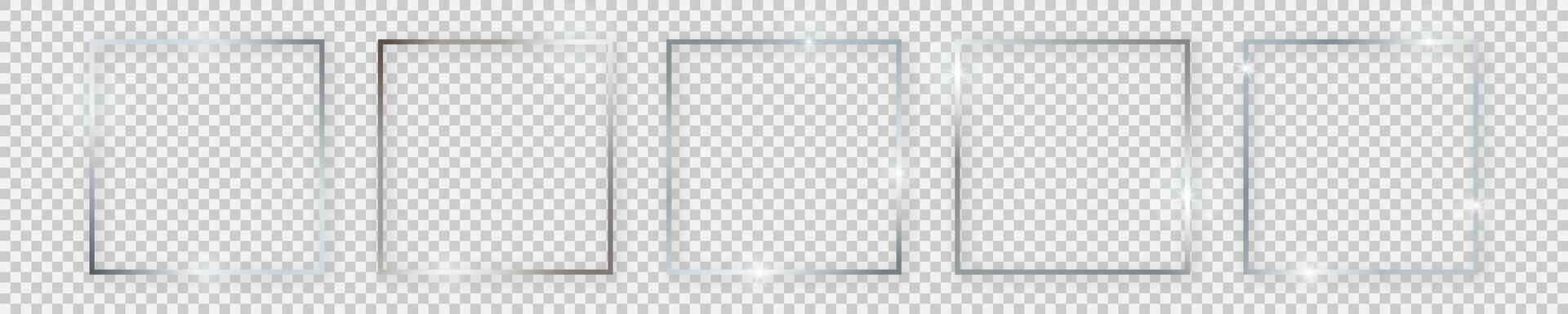 Set of five silver shiny square frames with glowing effects and shadows on background. Vector ...