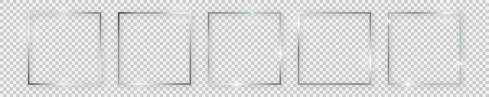 Set of five silver shiny square frames with glowing effects and shadows on background. Vector ...