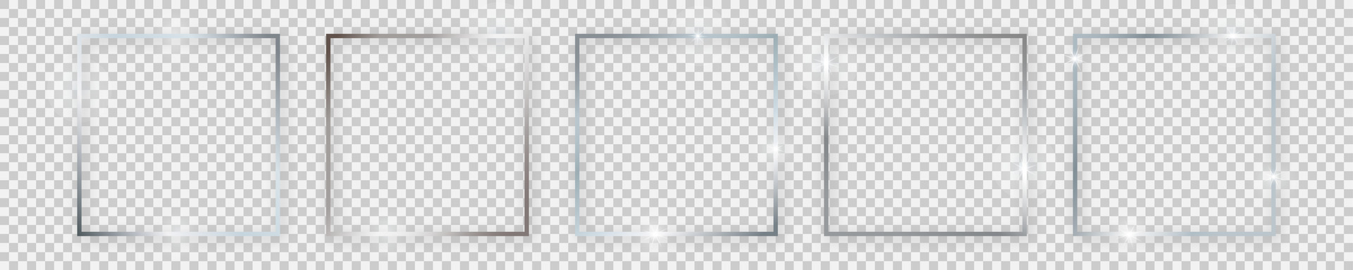 Set of five silver shiny square frames with glowing effects and shadows on background. Vector ...