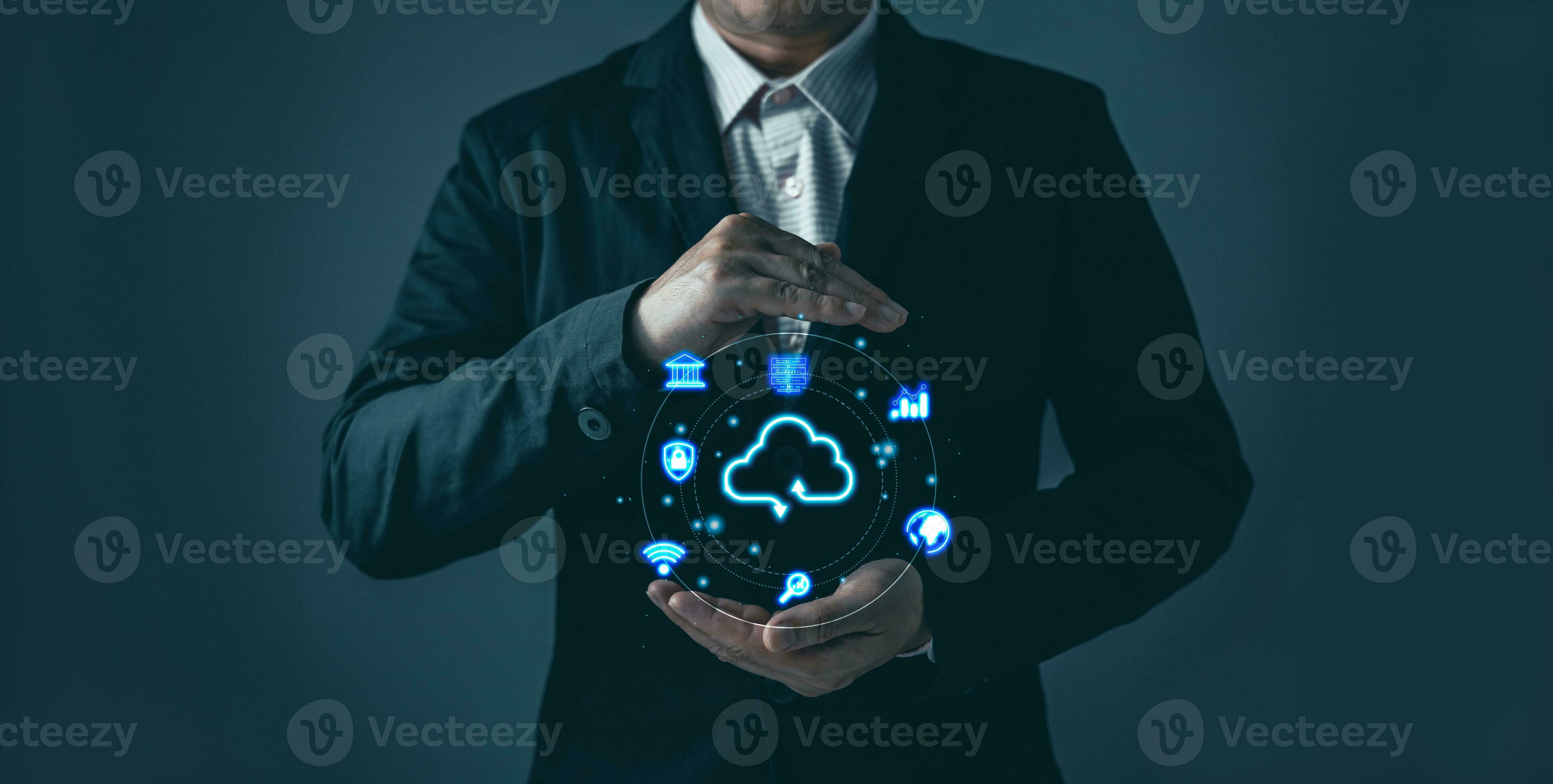 Man Hold Cloud Computing System Diagram Show On Handdata Storage